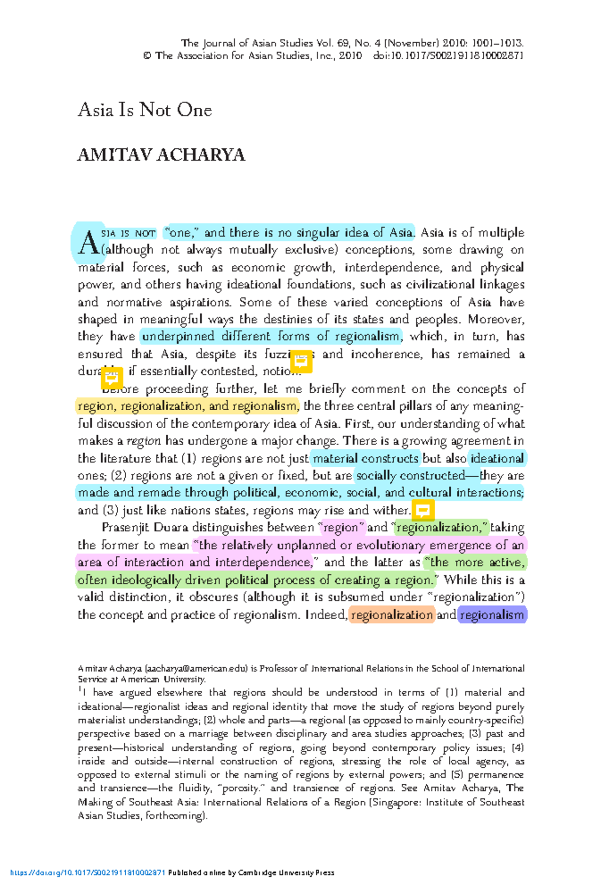 ASNS week 1 reading - Hello - Asia Is Not One AMITAV ACHARYA A SIA IS ...