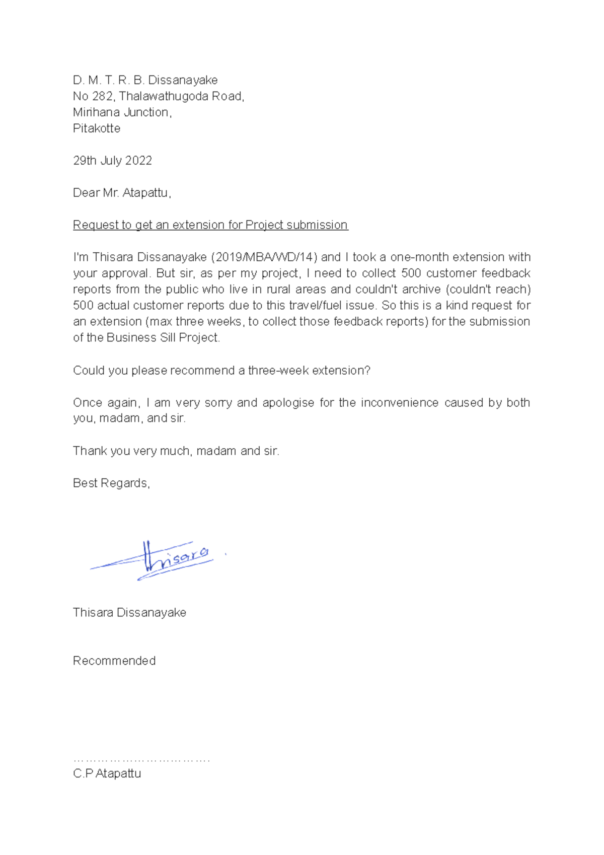 Letter - MBA assignments for University of Colombo - D. M. T. R. B ...