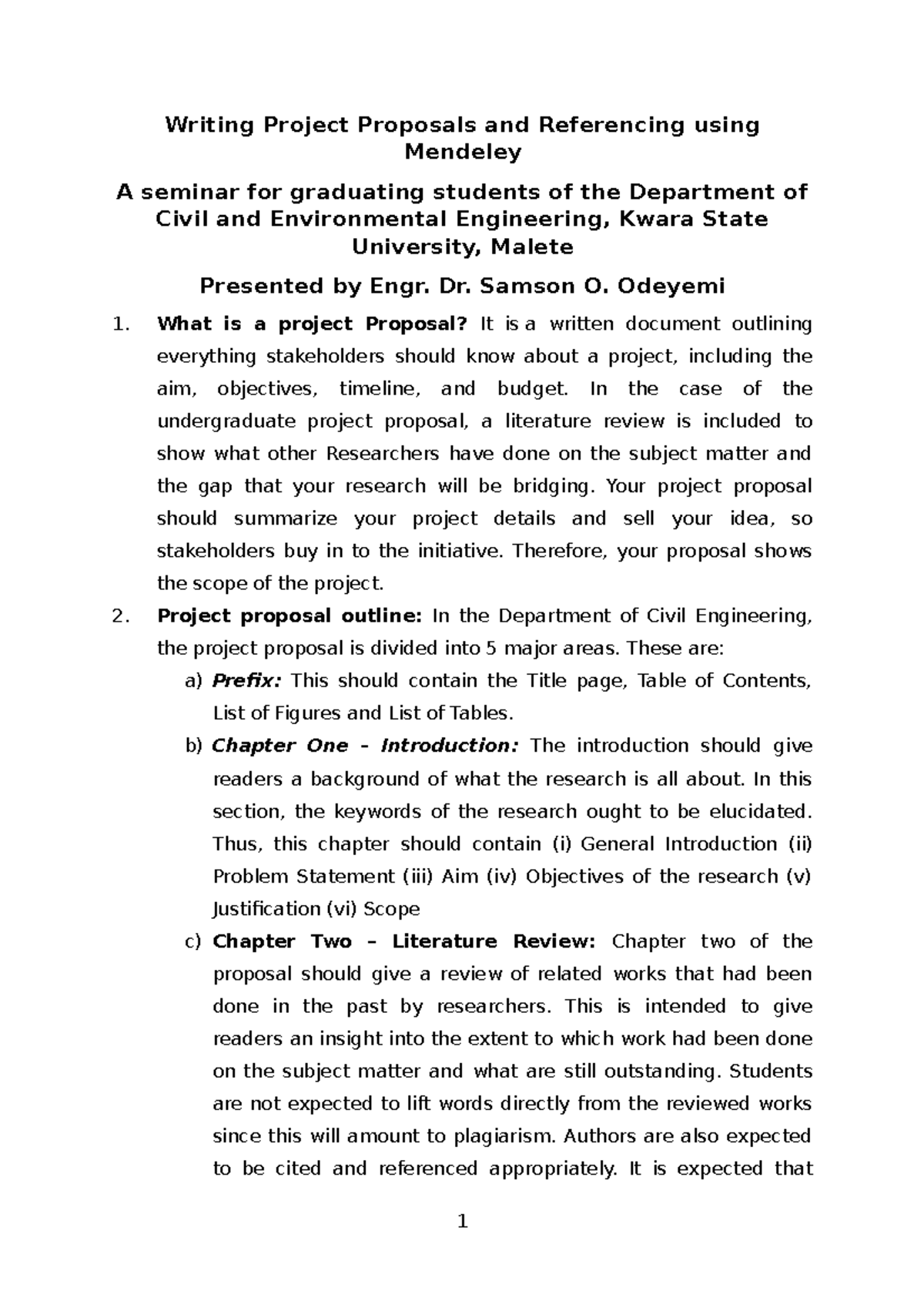 Writing Project Proposals and Referencing using Mendeley - Dr. Samson O ...