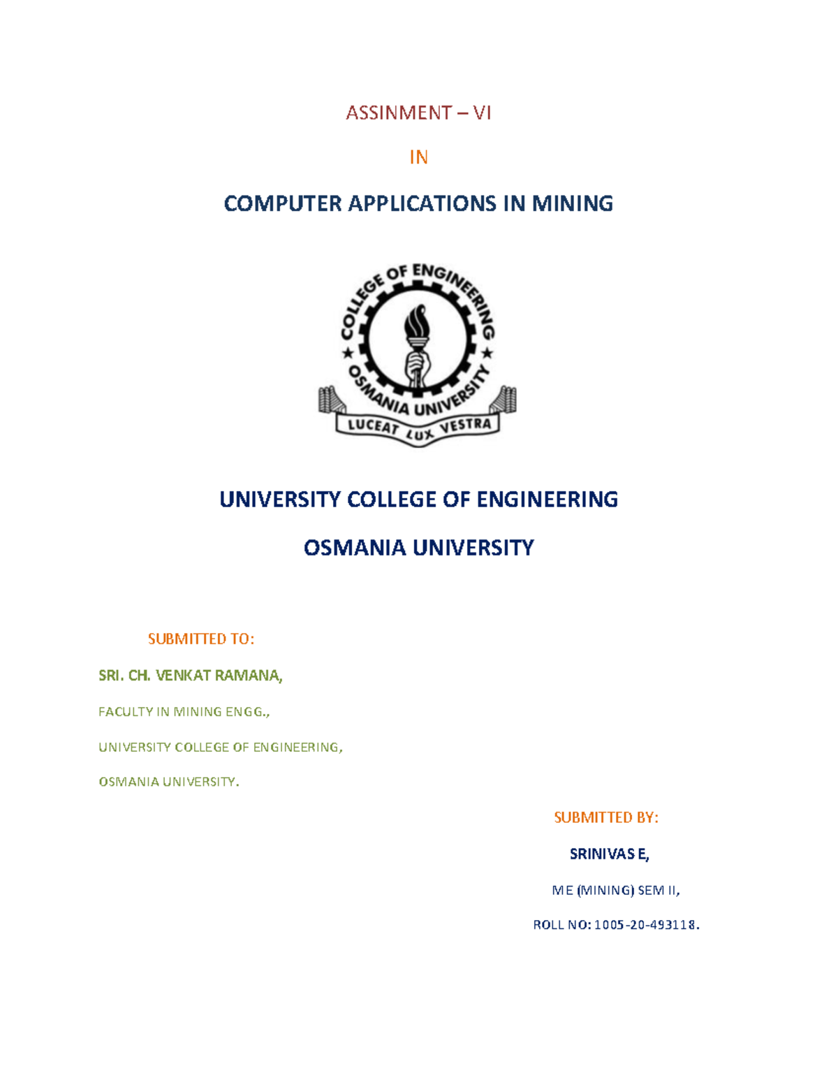 Computer application in engineering - ASSINMENT – VI IN COMPUTER ...