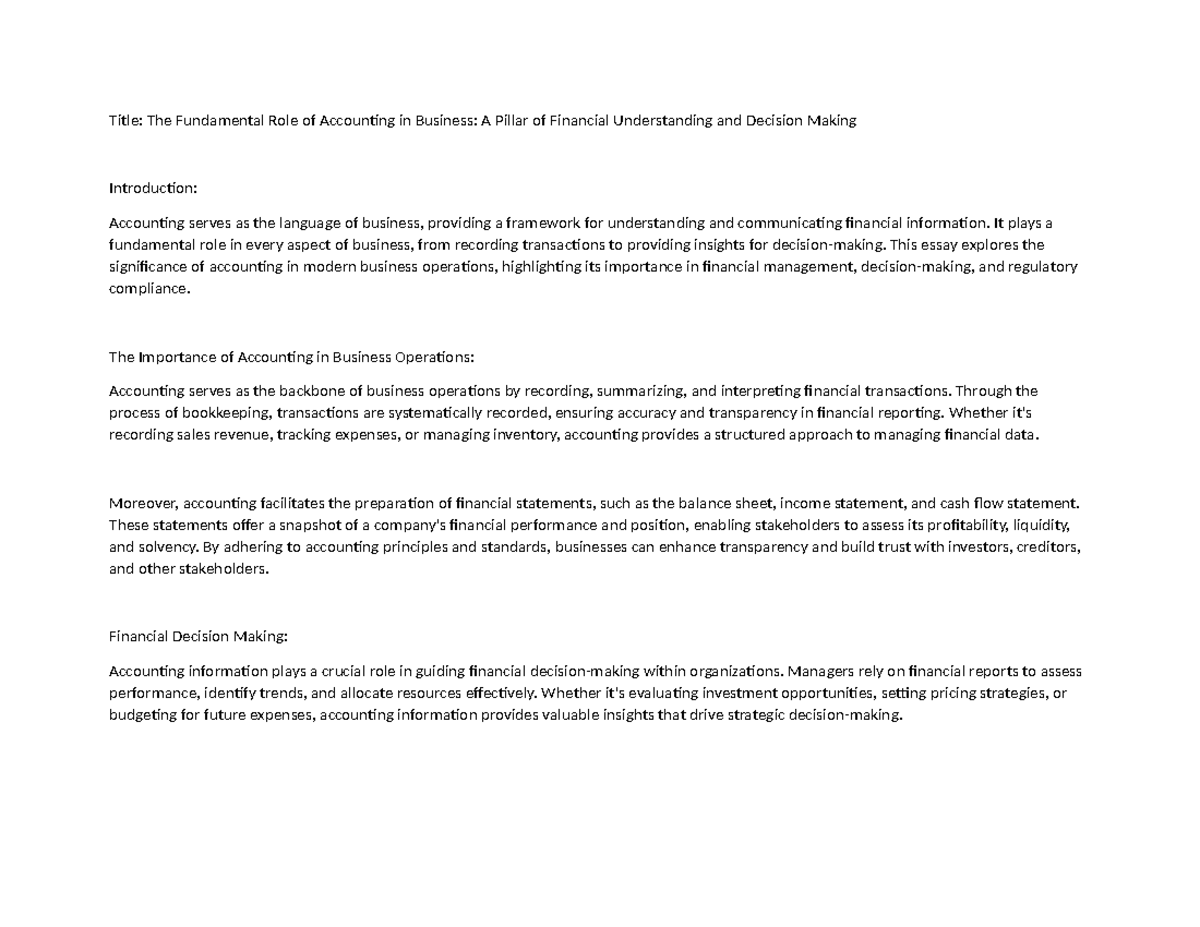 Accountancy essay - Title: The Fundamental Role of Accounting in ...