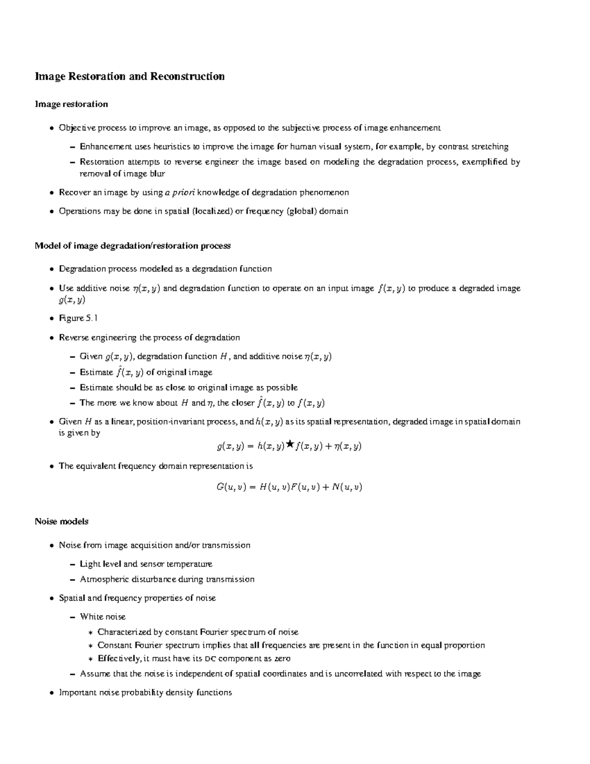 Chapter 5 Summary - Overview of DIP - Image restoration Objective ...