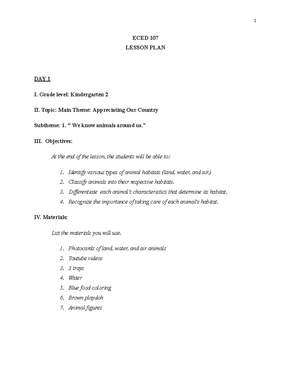 107 Lesson Plan - Leesson plan - ECED 107 LESSON PLAN DAY 1 I. Grade ...