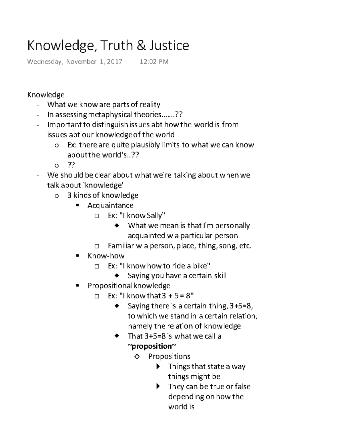 lecture notes from unit on Knowledge, Truth & Justice - Knowledge ...