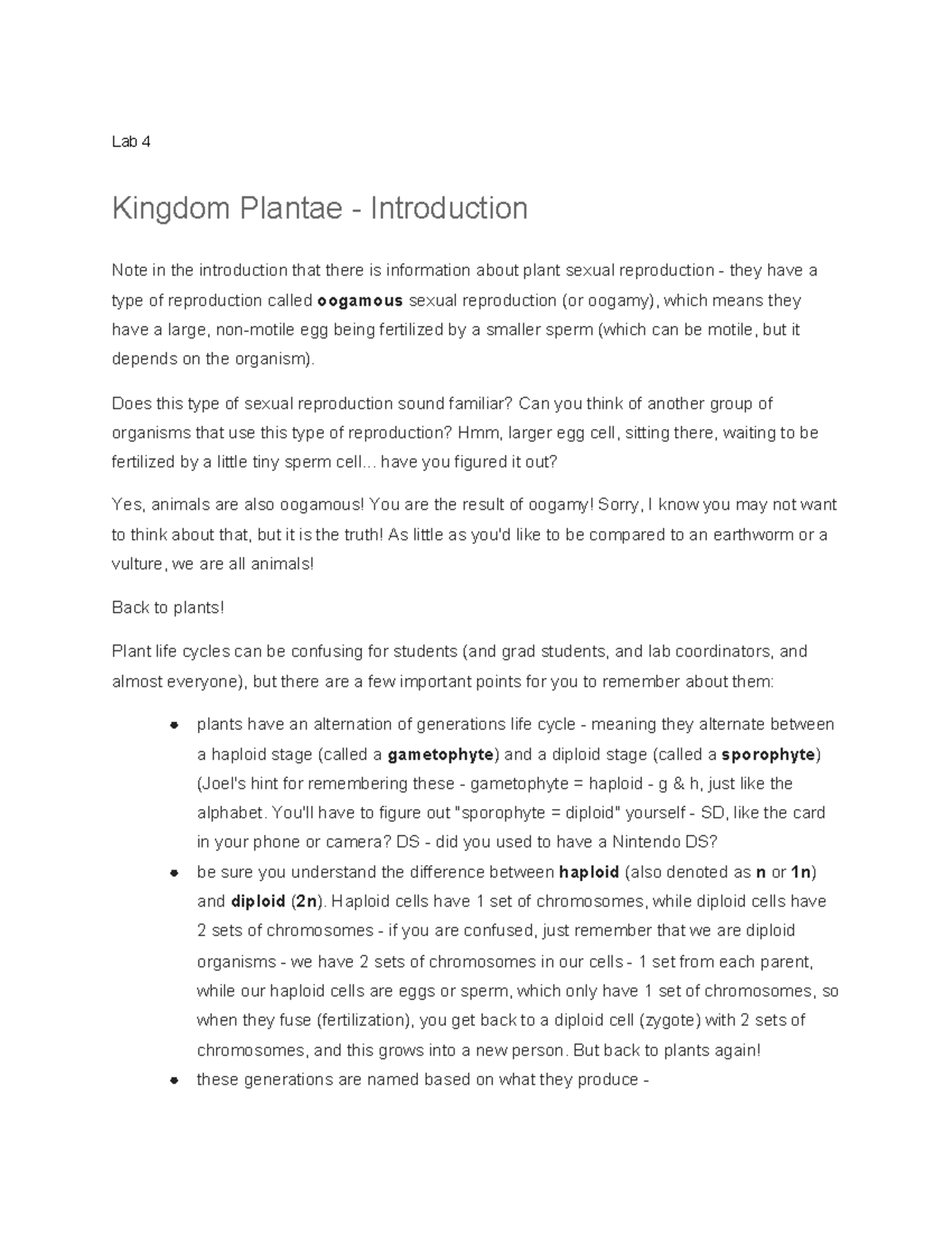 Lab spot test - notes for first lab spot test - Lab 4 Kingdom Plantae ...