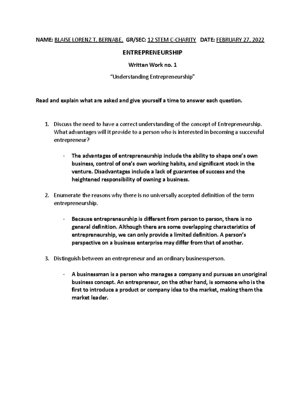 STEM C-WW1- Bernabe- Entrep - NAME: BLAISE LORENZ T. BERNABE. GR/SEC ...