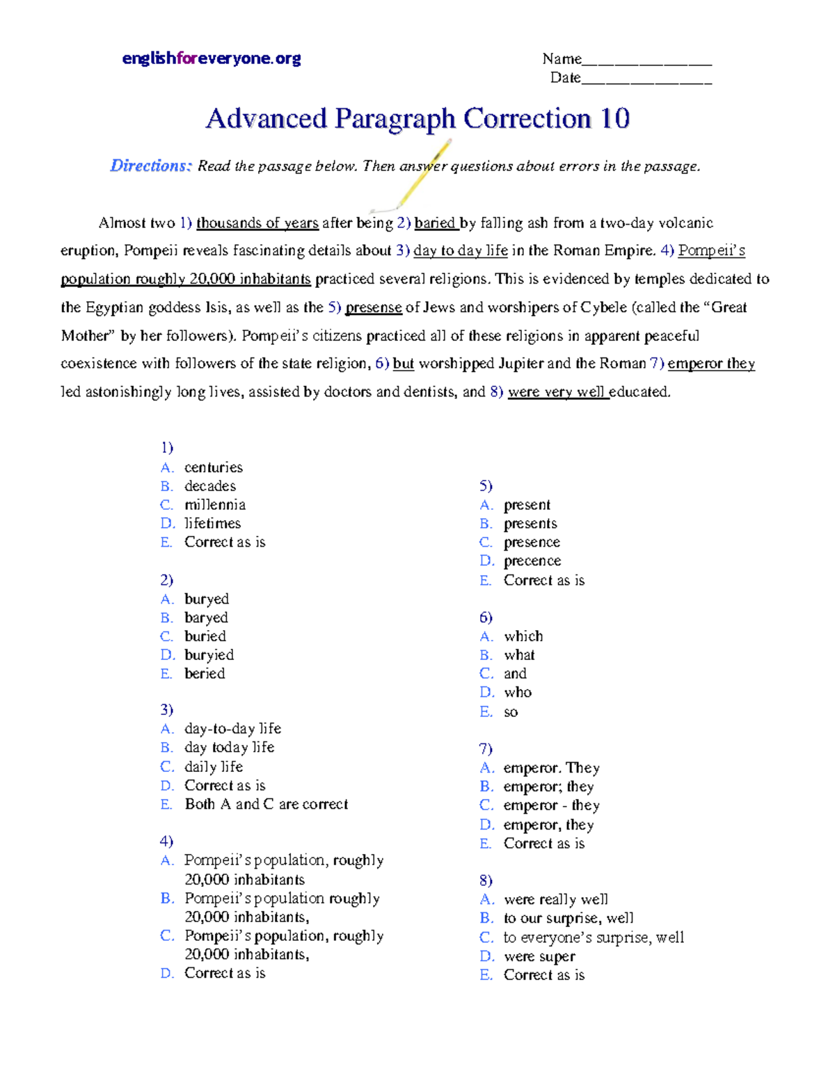 Advanced Paragraph Correction 10 - englishforeveryone Name ...