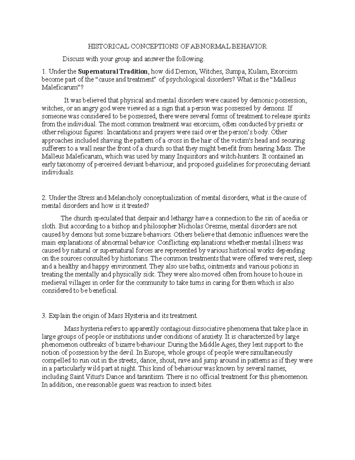 Historical Conceptions OF Abnormal Behavior - HISTORICAL CONCEPTIONS OF ...