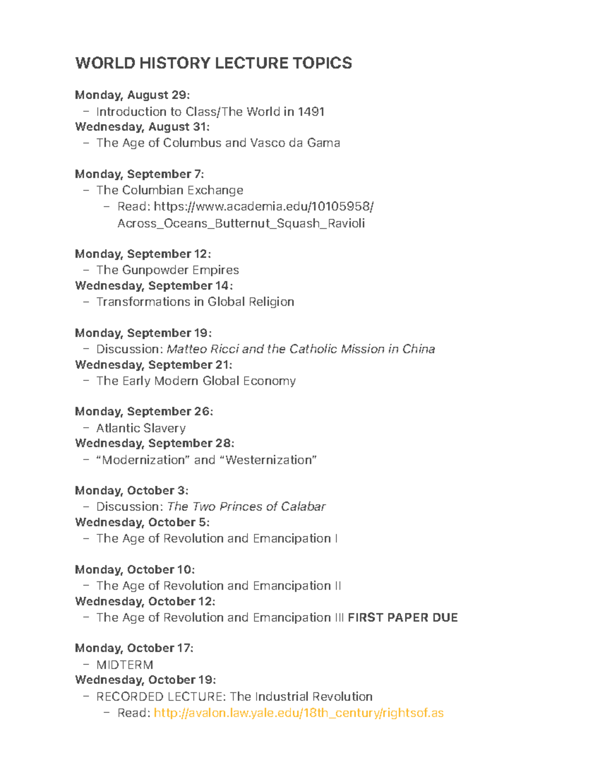 World History Lecture Topics - BURNS ...