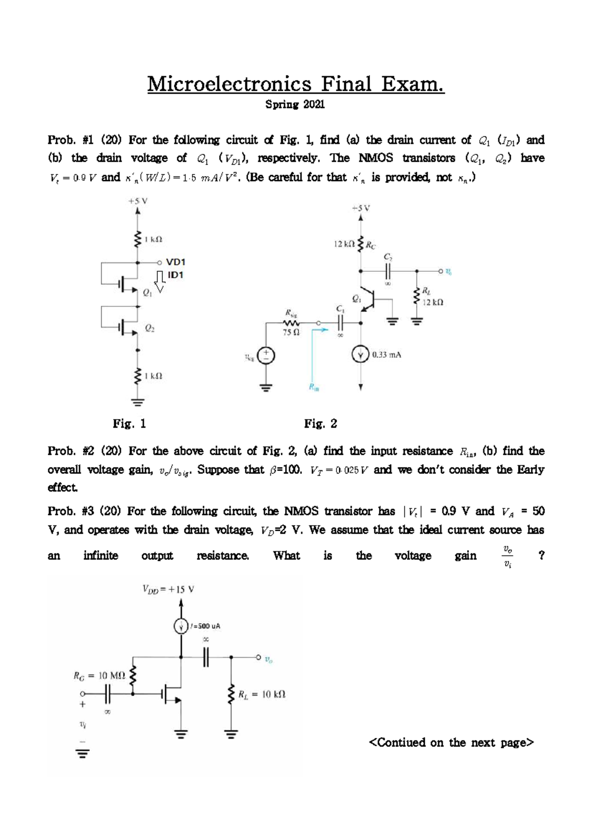 유관호 전회1 중간 기출 - 중간고사기출 - Microelectronics Final Exam. Spring 2021 Prob. #1 (20) For the ...