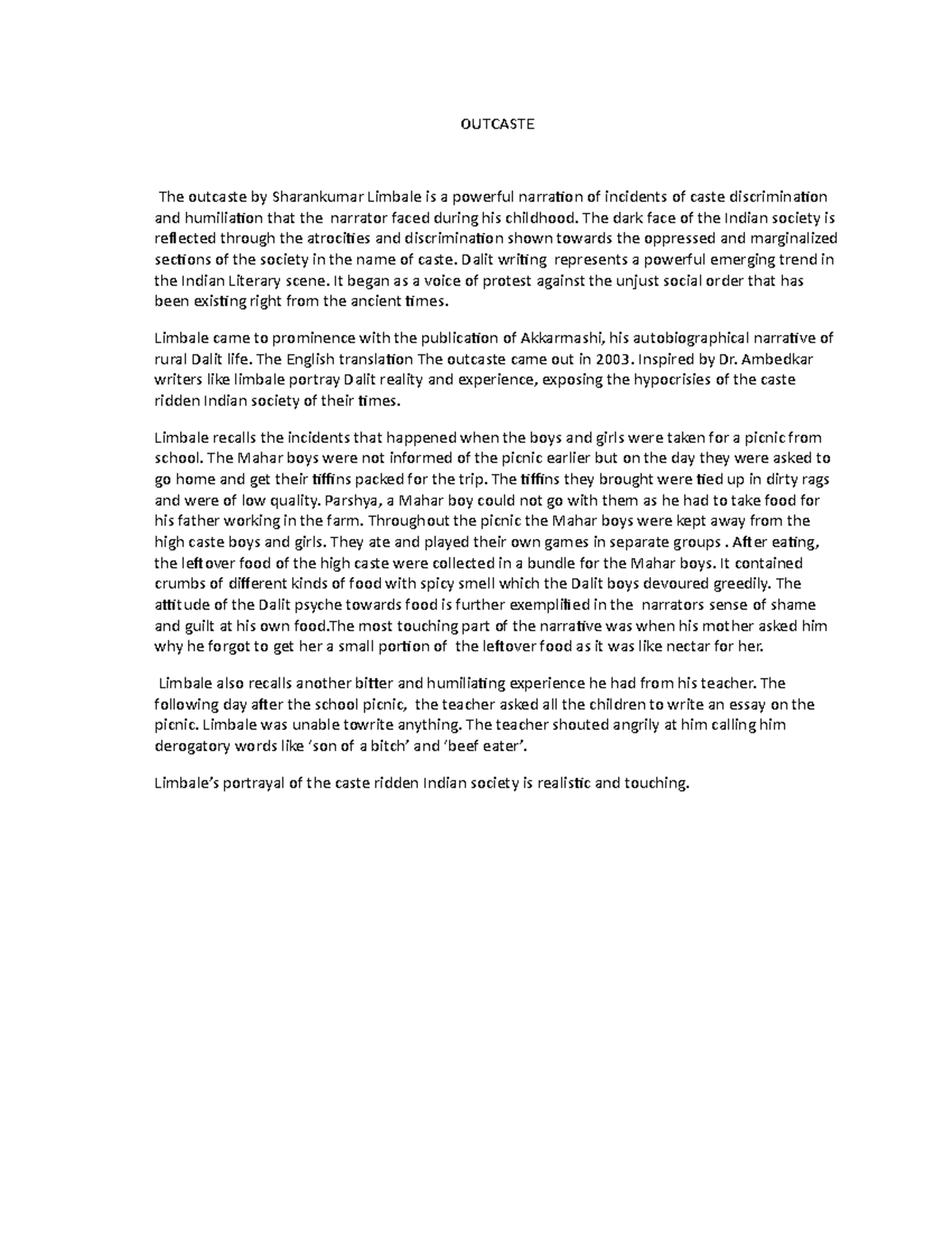 Outcaste - Common course - OUTCASTE The outcaste by Sharankumar Limbale ...