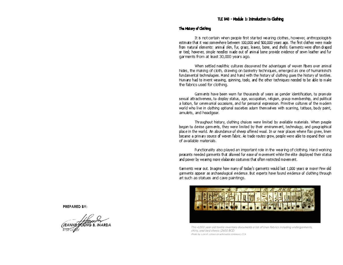 TLE 040 Module Booklet - TLE 040 - Module 1: Introduction to Clothing ...