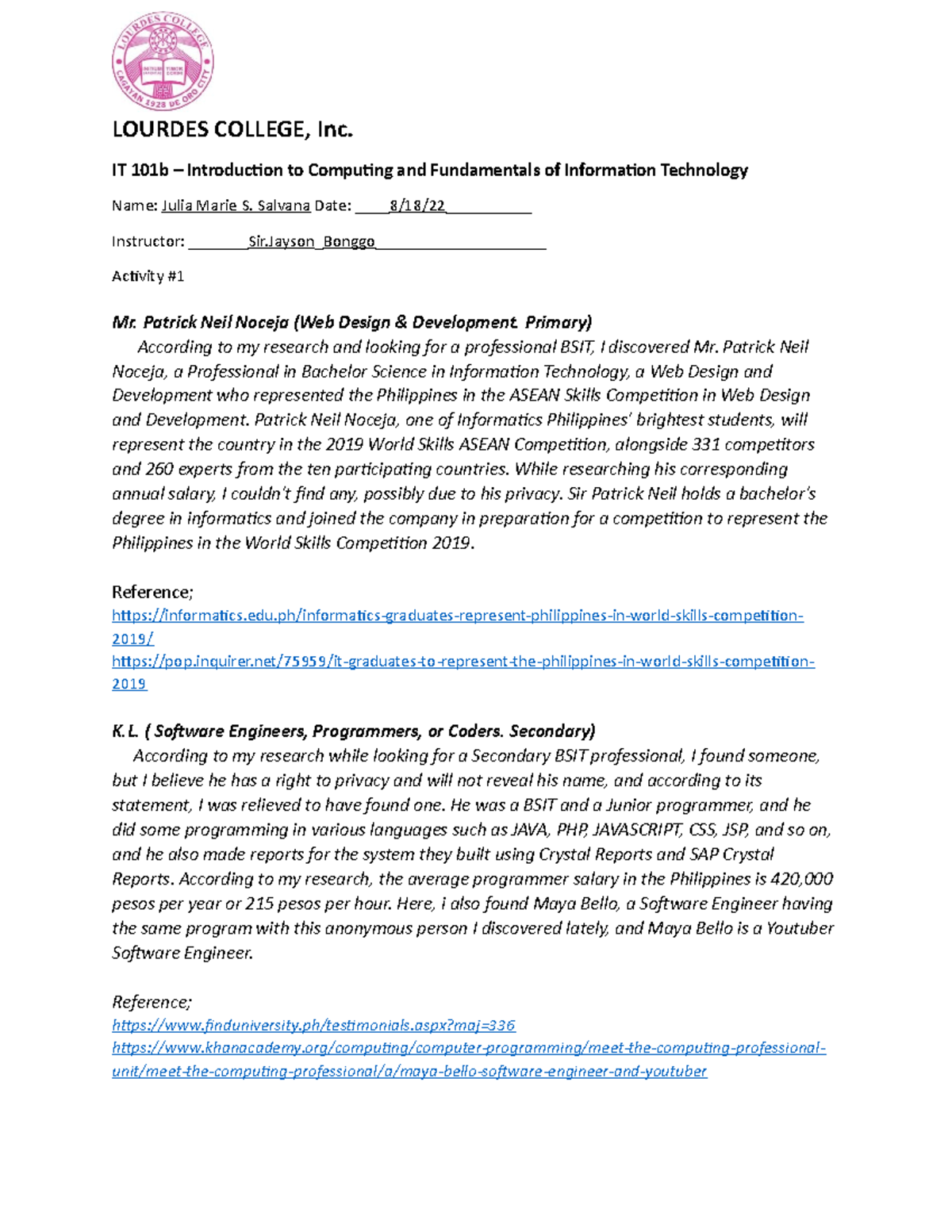 Salvana IT101b-Activity#1 - LOURDES COLLEGE, Inc. IT 101b ...