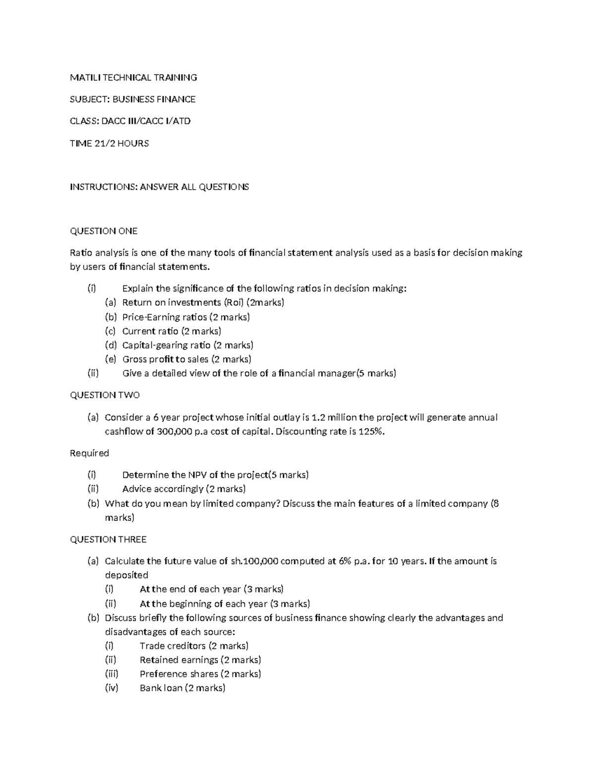 Business Finance ANNE - Foundational notes - MATILI TECHNICAL TRAINING ...