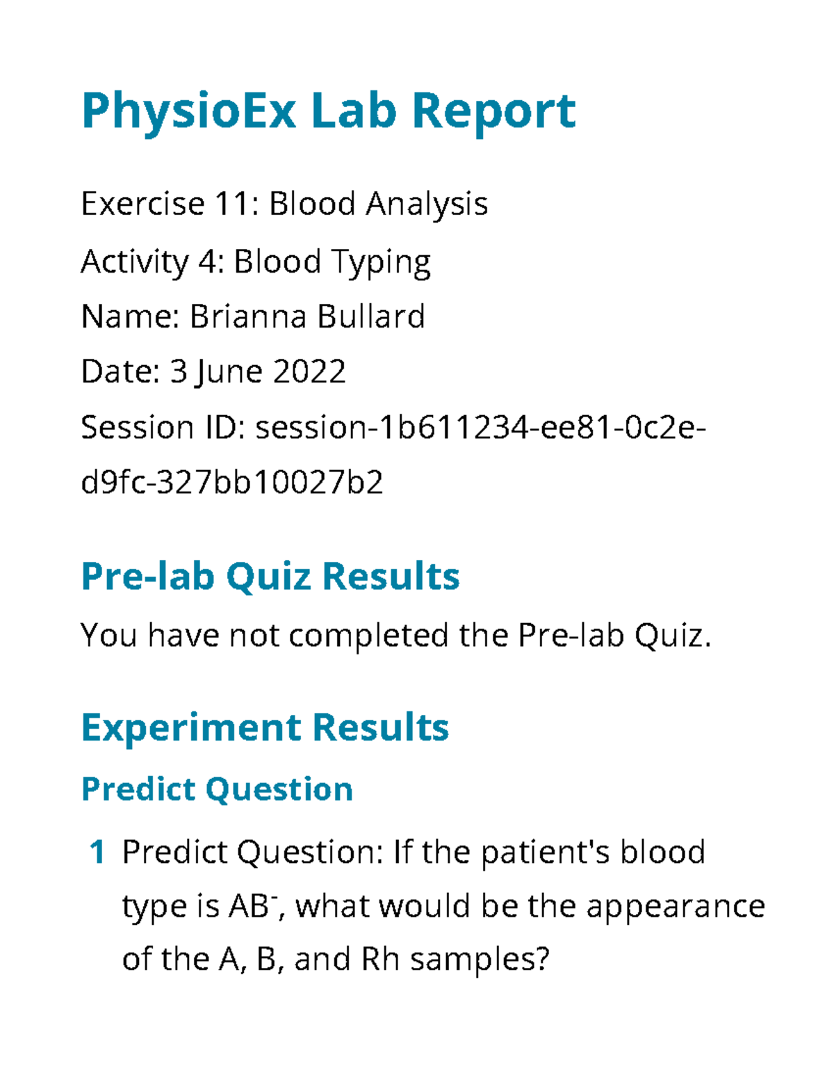 Physio Ex Exercise 11 Activity 4 - PhysioEx Lab Report Exercise 11: Blood Analysis Activity 4 ...