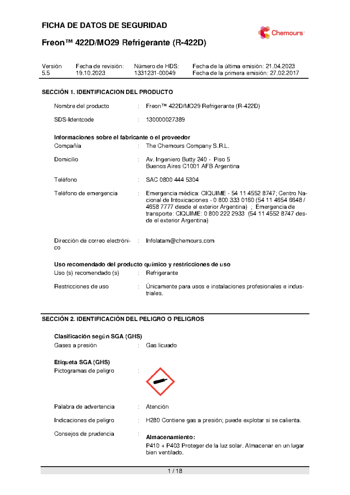 FDS. Refirgerante MO29 R422D - Freon™ 422D/MO29 Refrigerante (R-422D ...