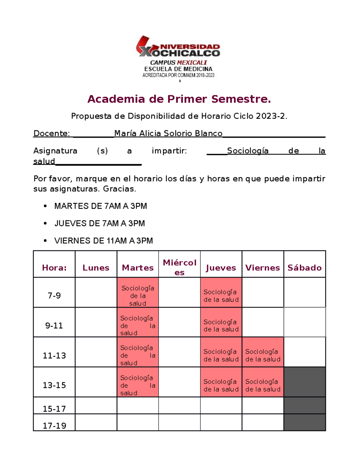 Formato Disponibilidad de Horarios Alicia Solorio - S Academia de ...