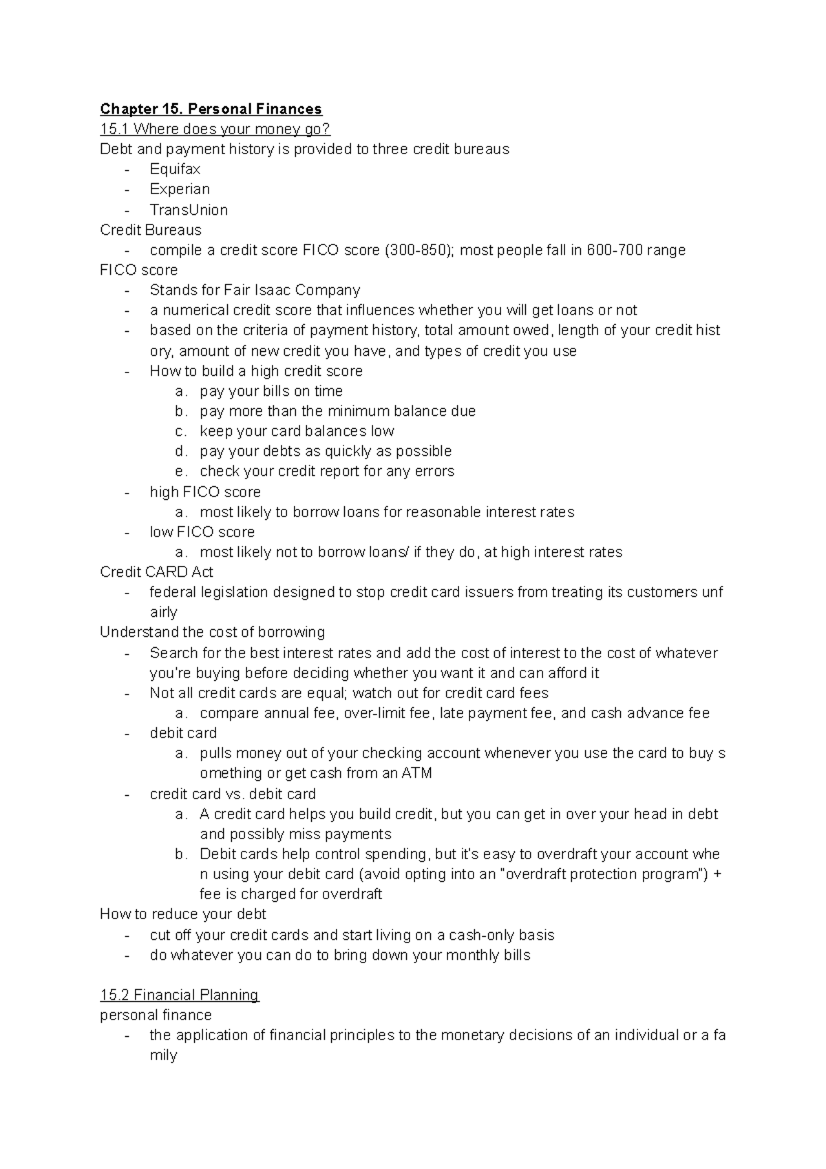 B- chapter 15 notes - Chapter 15. Personal Finances 15 Where does your ...