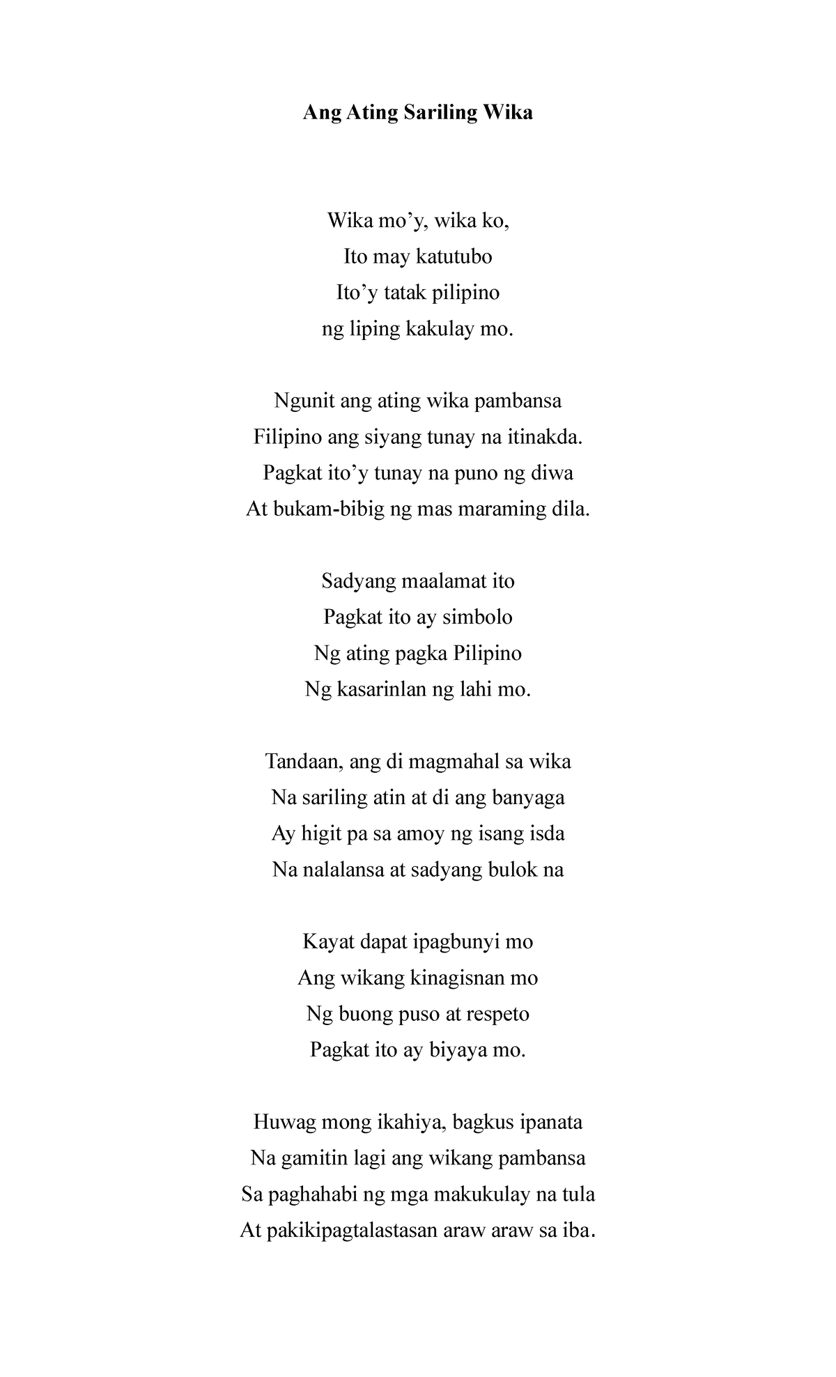 Tula - Kesjsjsjjfu - Ang Ating Sariling Wika Wika mo’y, wika ko, Ito may katutubo Ito’y tatak ...