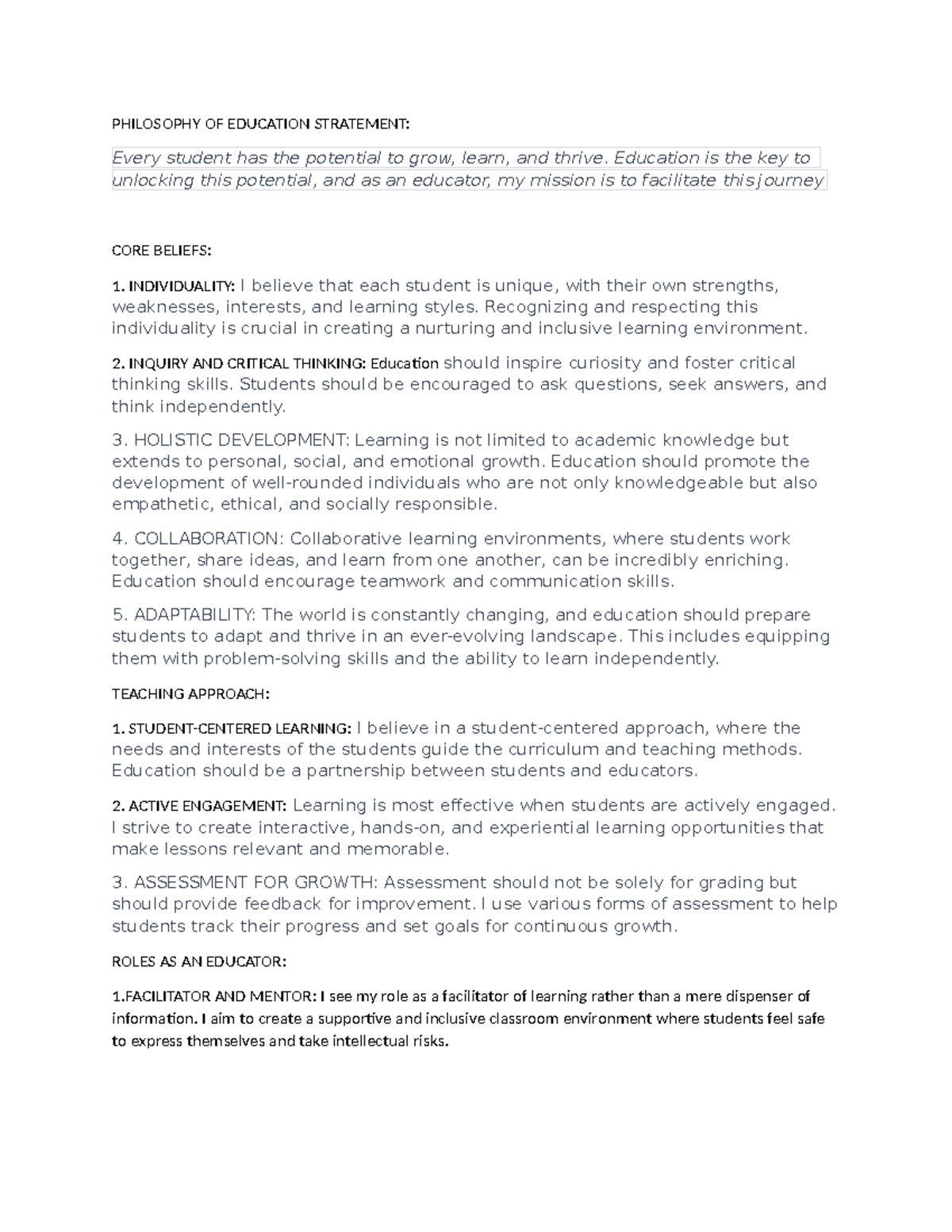 Philosophy OF Education Stratement - PHILOSOPHY OF EDUCATION STRATEMENT ...