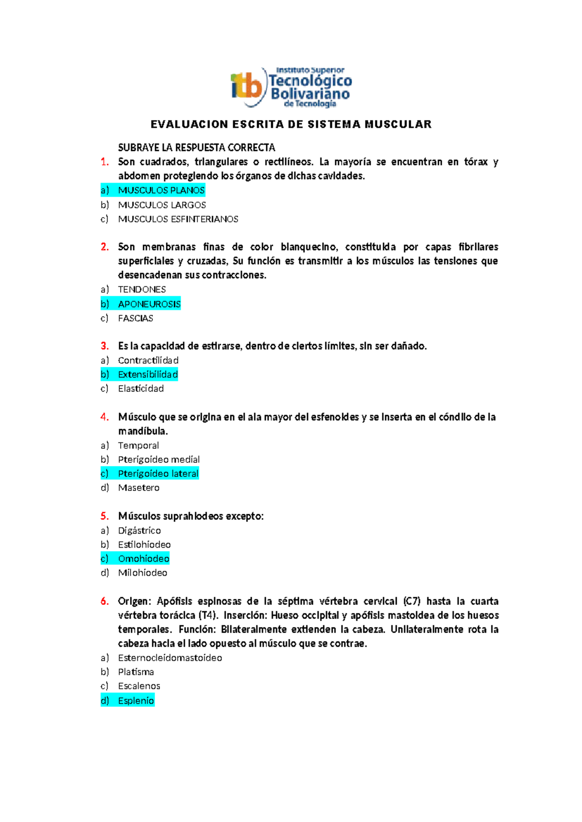 Cuestionario DEL Sistema Muscular - EVALUACION ESCRITA DE SISTEMA ...