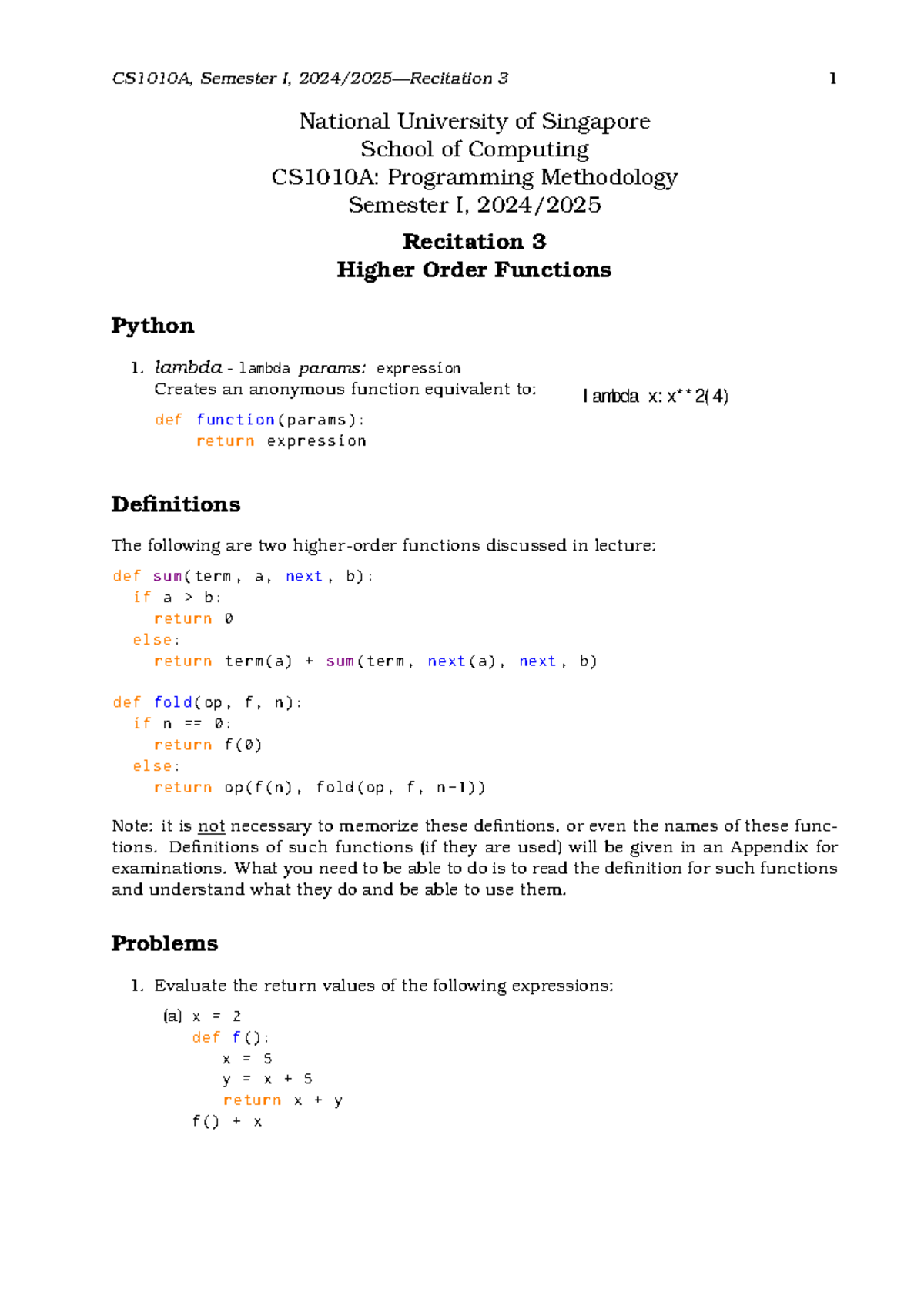 Rec03 with note - Recitation 03 - National University of Singapore School of Computing CS1010A ...