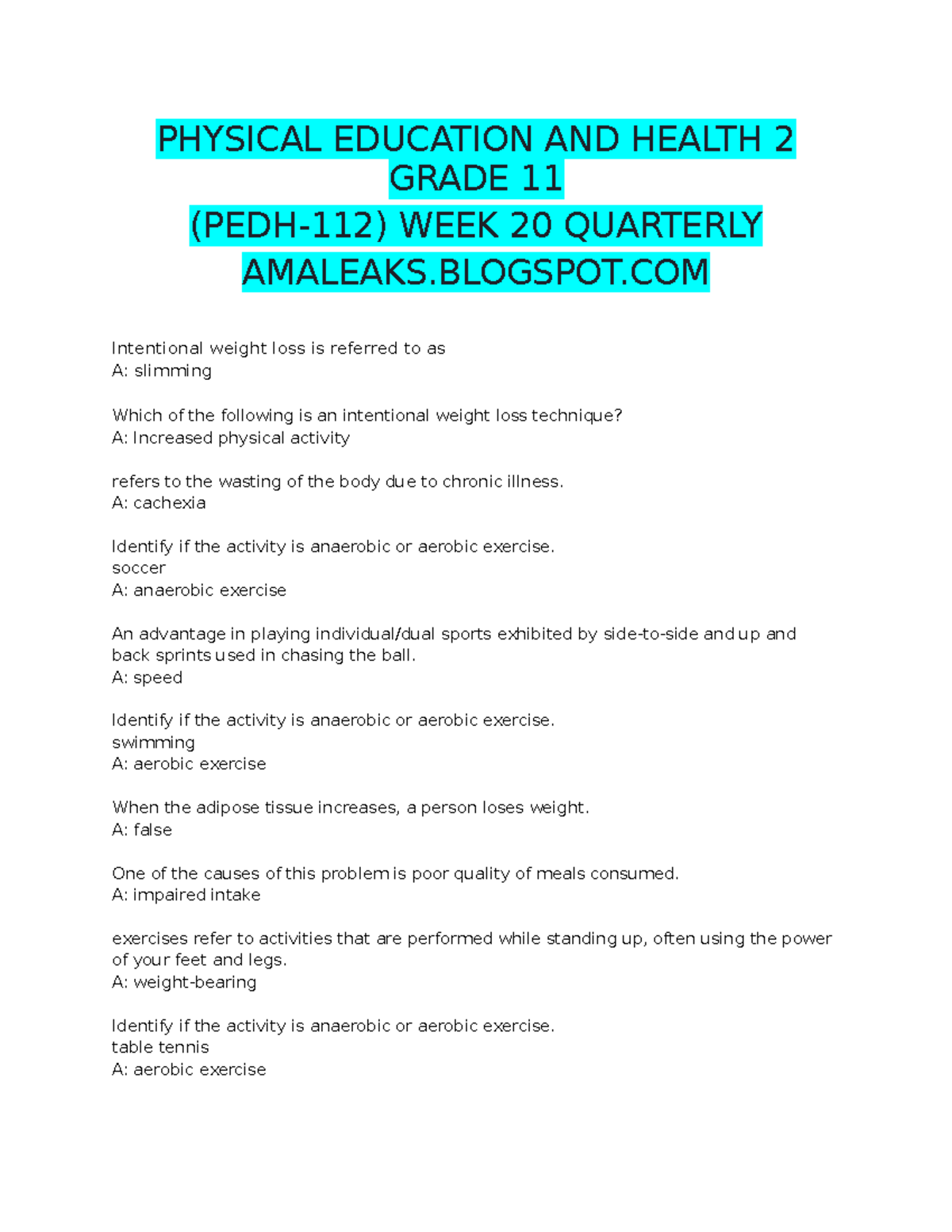 Physical Education Grade 11 Week 20 - PHYSICAL EDUCATION AND HEALTH 2 ...