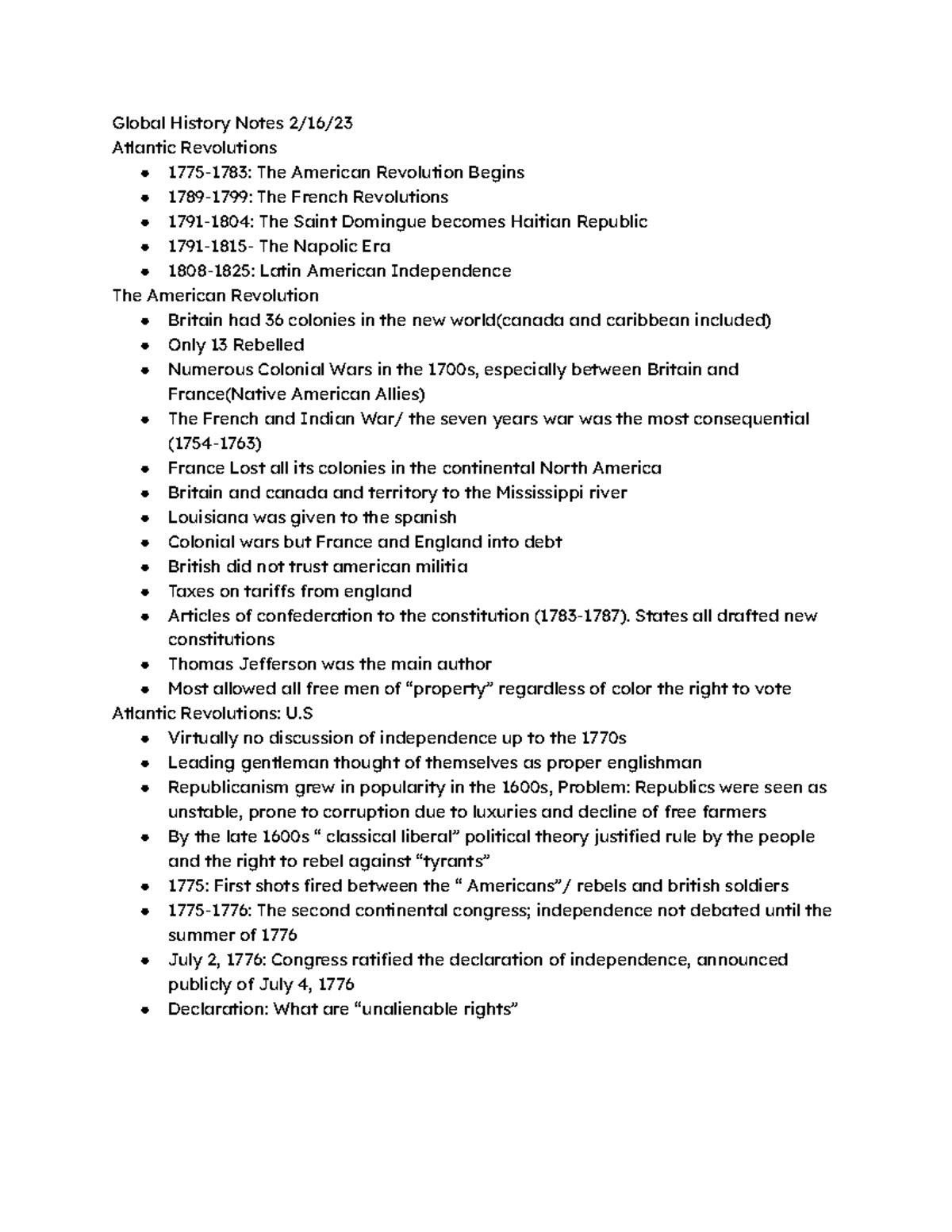 Global History Notes 2 16 23 - Global History Notes 2/16/ Atlantic Revolutions 1775-1783: The ...
