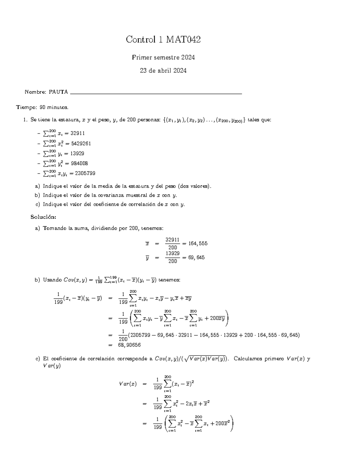 Pauta C1 - Control 1 MAT Primer semestre 2024 23 de abril 2024 Nombre ...