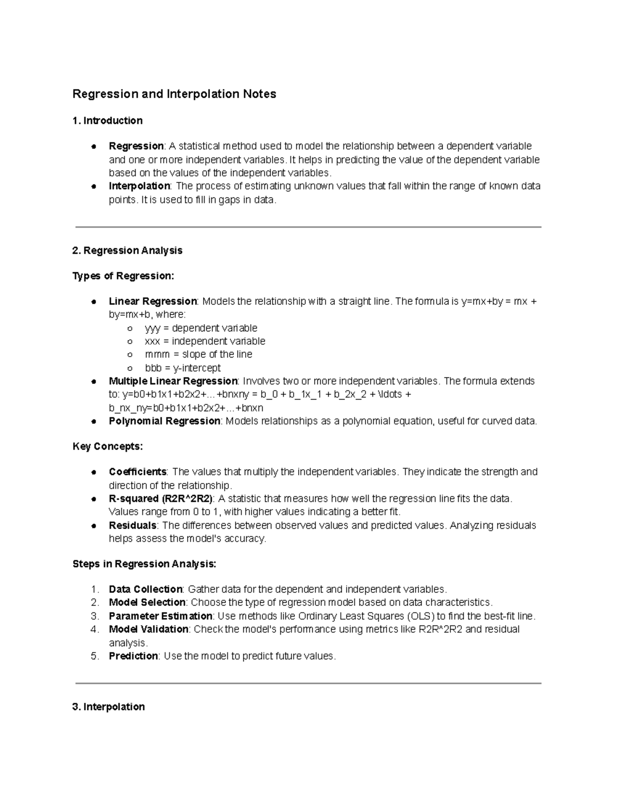 Regression And Interpolation Notes Regression And Interpolation Notes