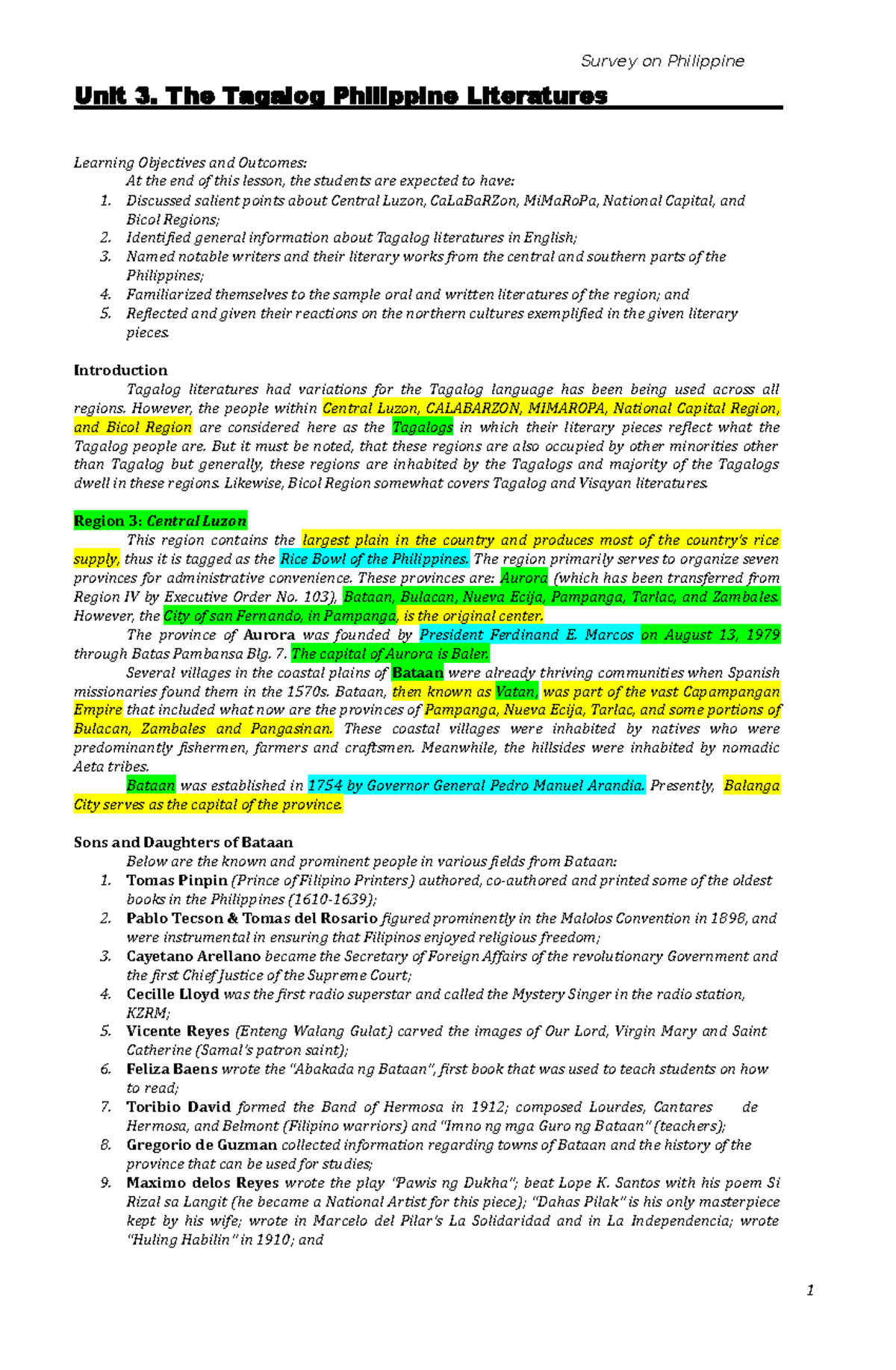 SEE 7 Unit 3 - Notes - Survey on Philippine 1 Unit 3. The Tagalog ...