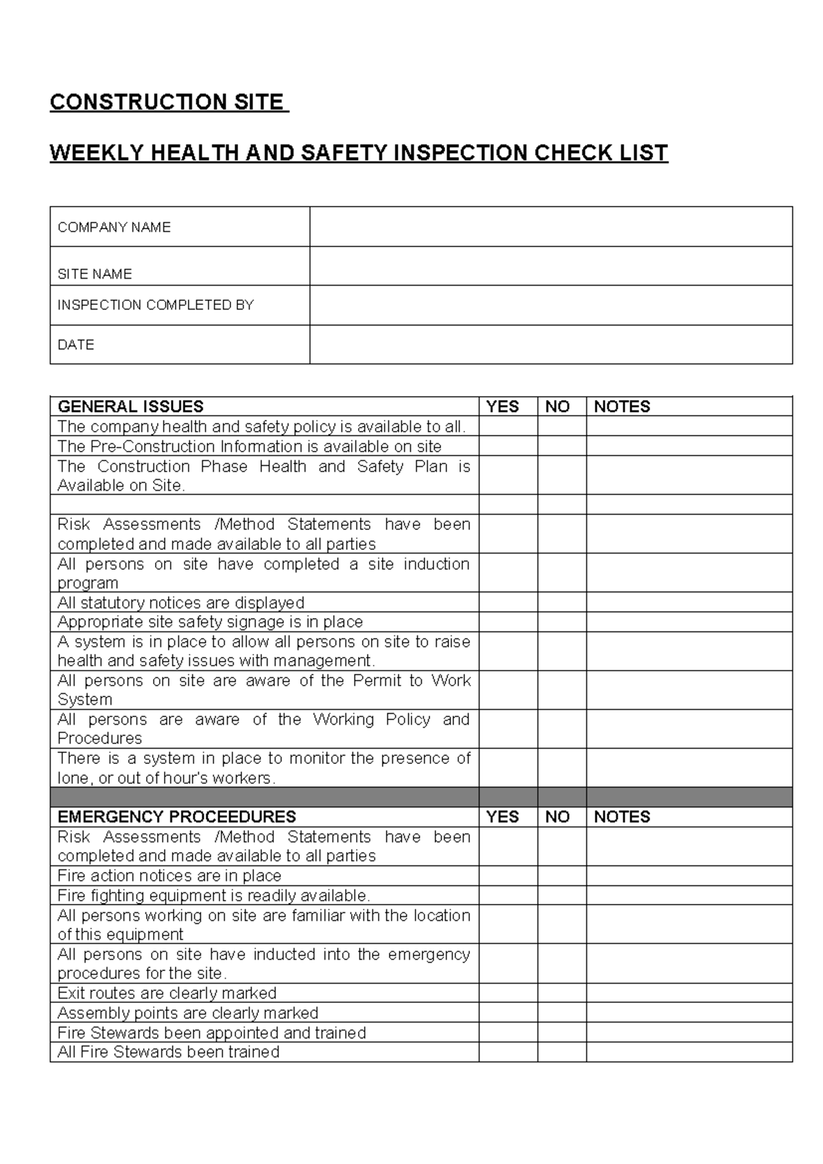 Copy of Weekly Health AND Safety Checklist - CONSTRUCTION SITE WEEKLY HEALTH AND SAFETY ...