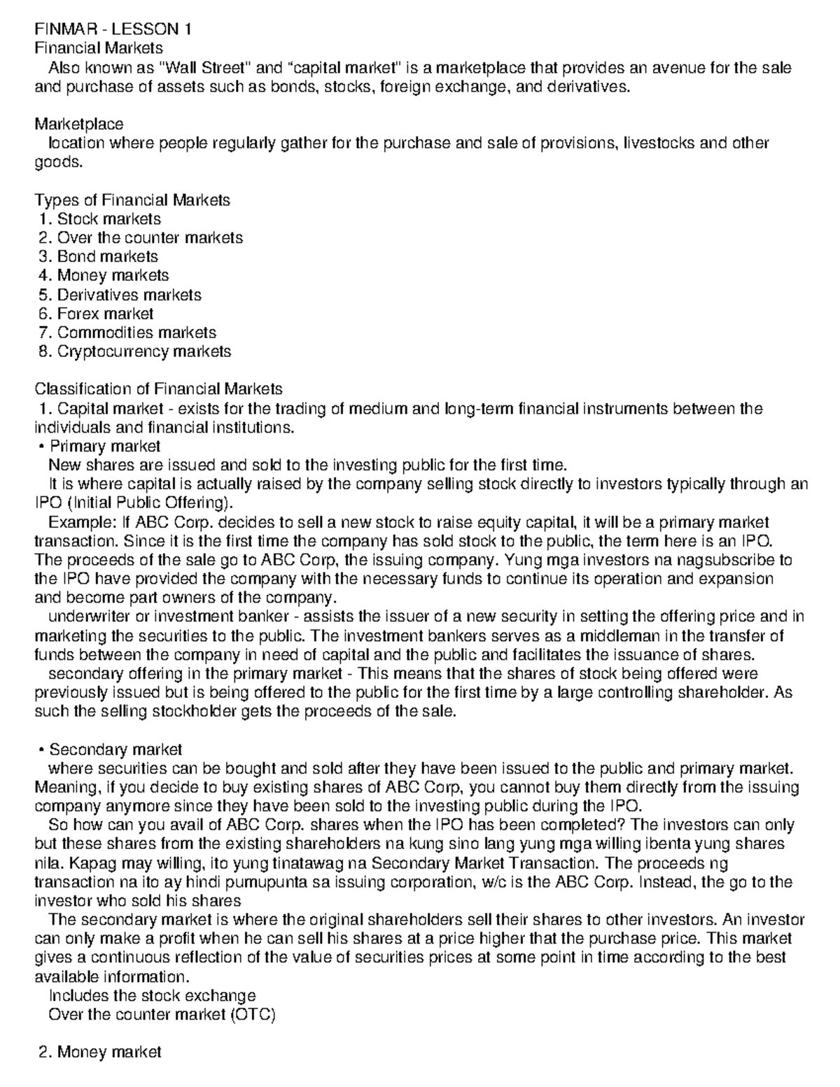 Finmar-1 - Financial Markets - FINMAR - LESSON 1 Financial Markets Also ...