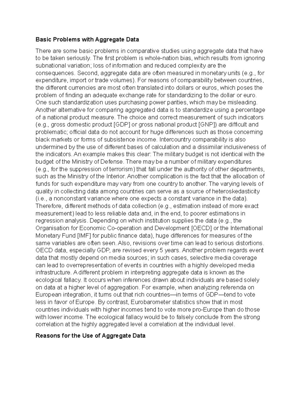 Basic Problems with Aggregate Data - The first problem is whole-nation ...