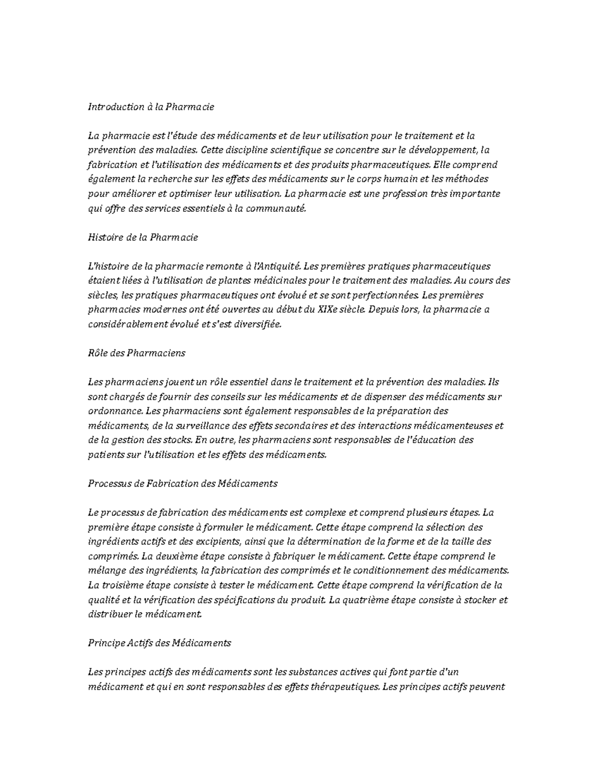 Pharmacy Study Notes - Introduction à la Pharmacie La pharmacie est l ...