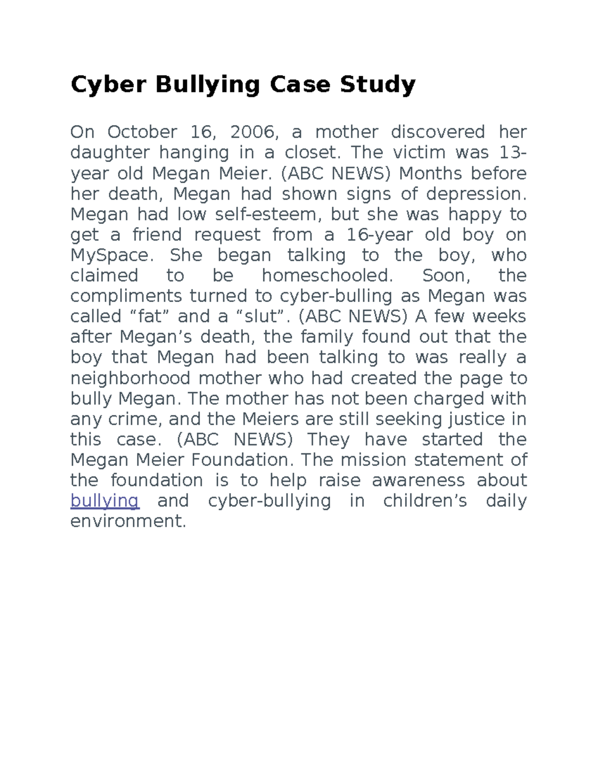Cyber Bullying Case Study Sample - Cyber Bullying Case Study On October ...