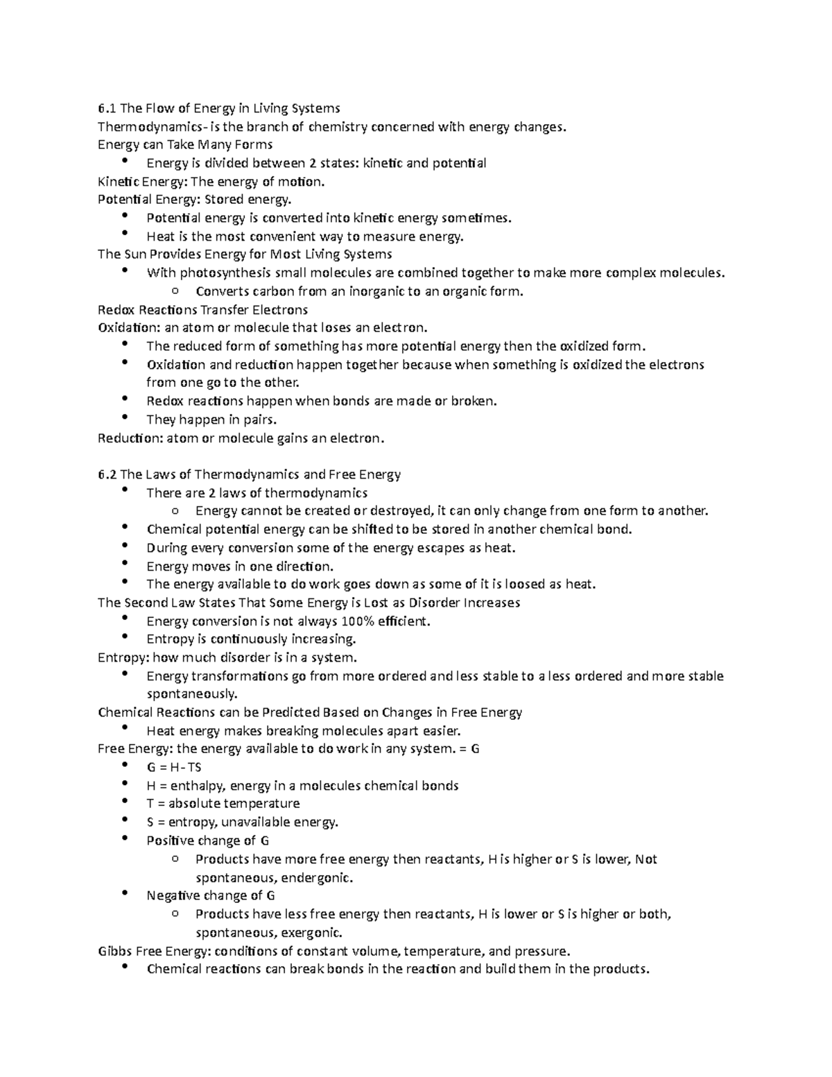 Bio 1510 Notes Chatper 6 - 6 The Flow of Energy in Living Systems ...