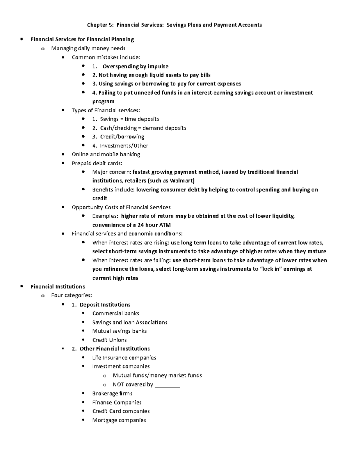 FIN 221 Ch 5 notes - Chapter 5: Financial Services: Savings Plans and ...