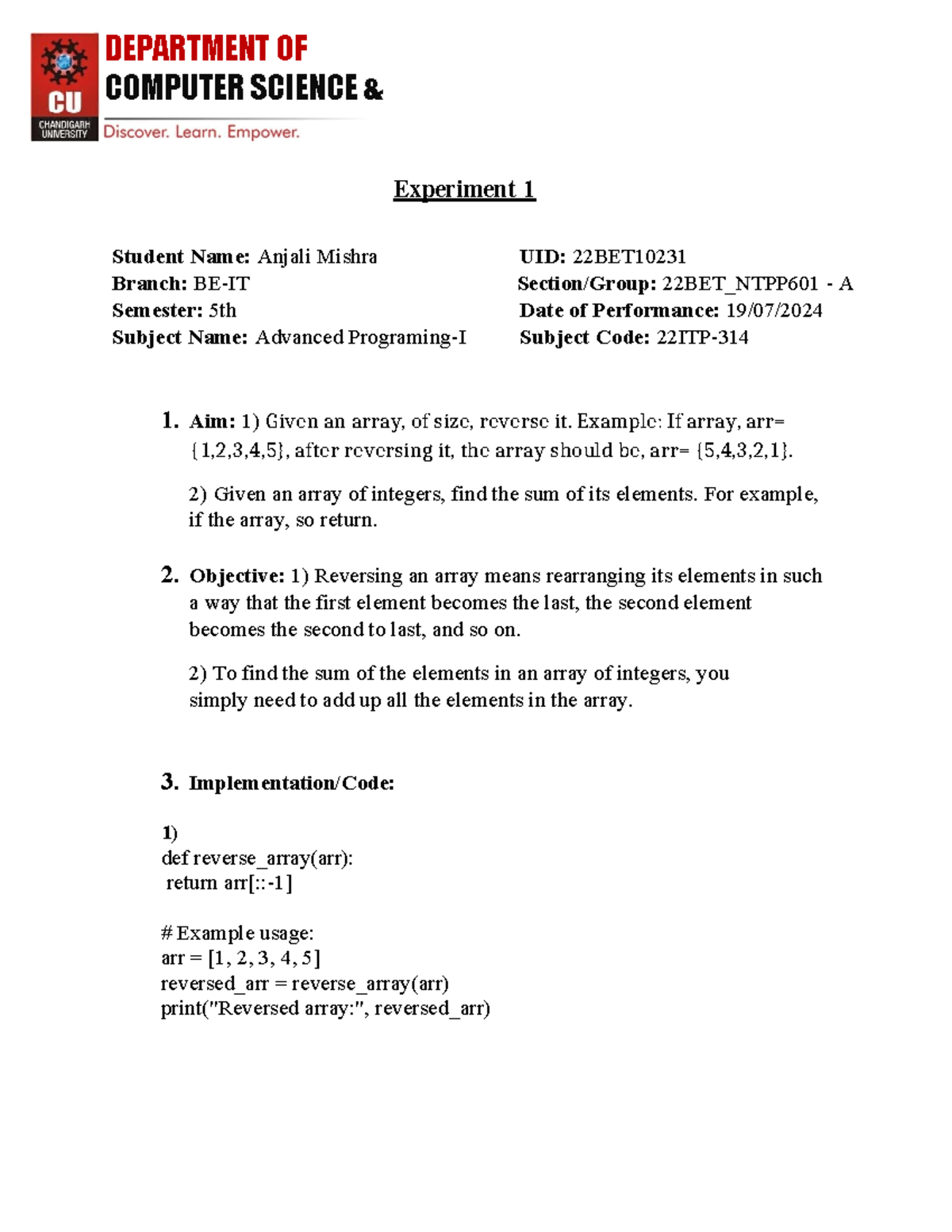 Advanced programming - DEPARTMENT OF COMPUTER SCIENCE & ENGINEERING Experiment 1 Student Name ...