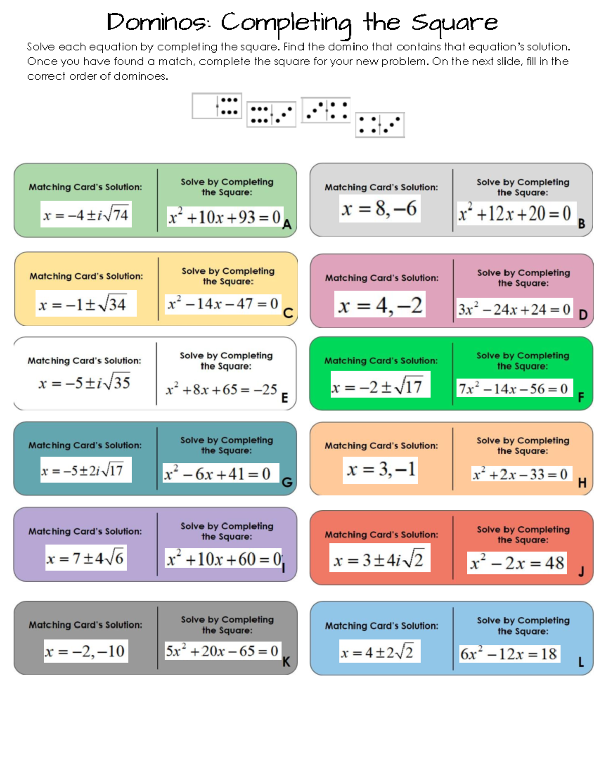 Copy of Digital Dominos Completing the Square Student Version - Dominos ...