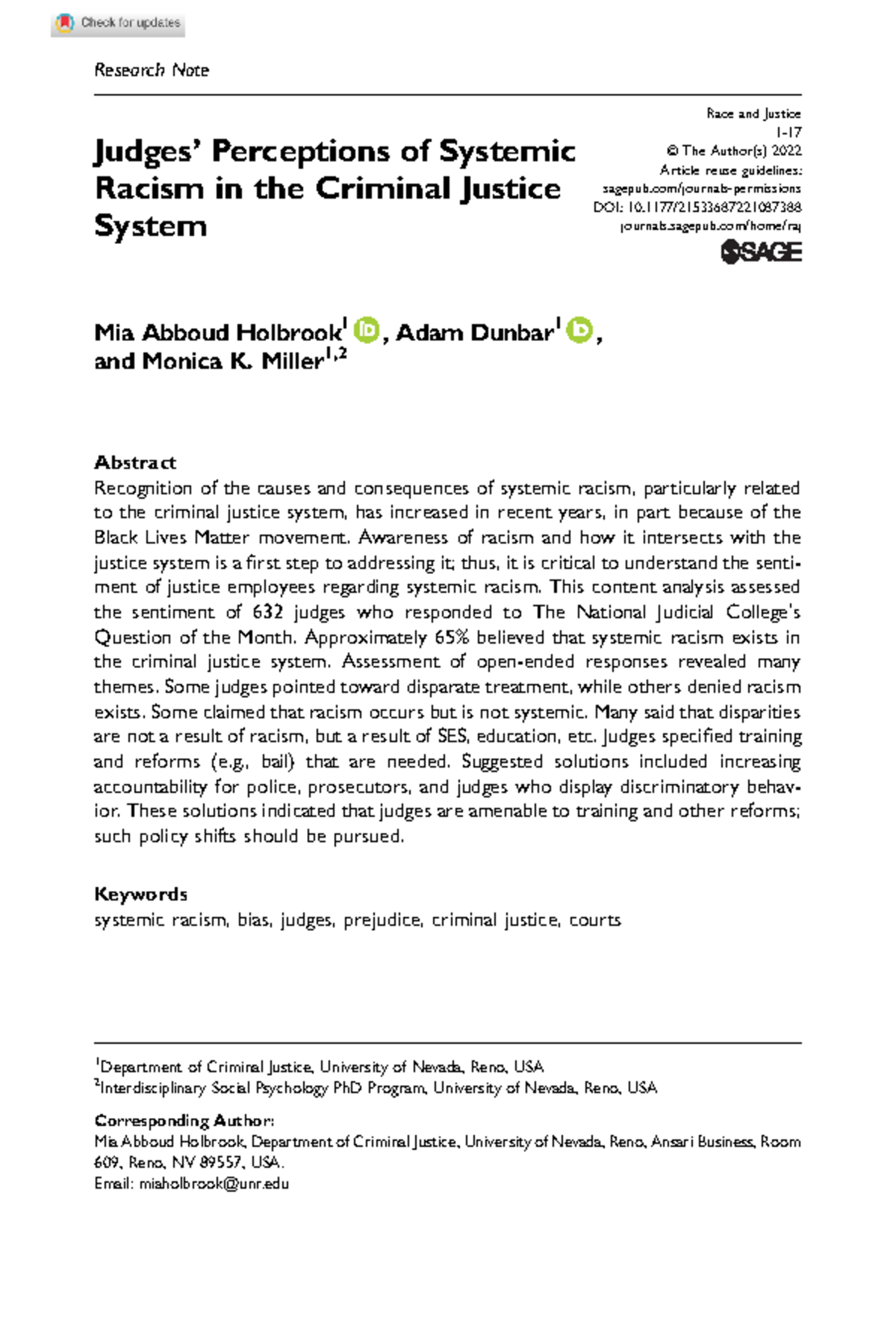 Holbrook et al 2022 judges perceptions of systemic racism in the ...