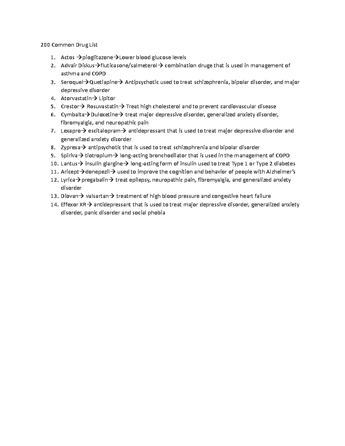 200 Common Drug List - 200 Common Drug List 1. Actos pioglitazone Lower ...