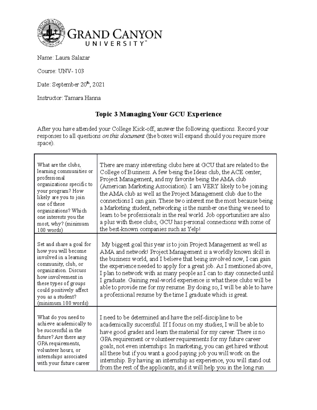 UNV-103 T3 Your GCU Experience Worksheet - Name: Laura Salazar Course ...