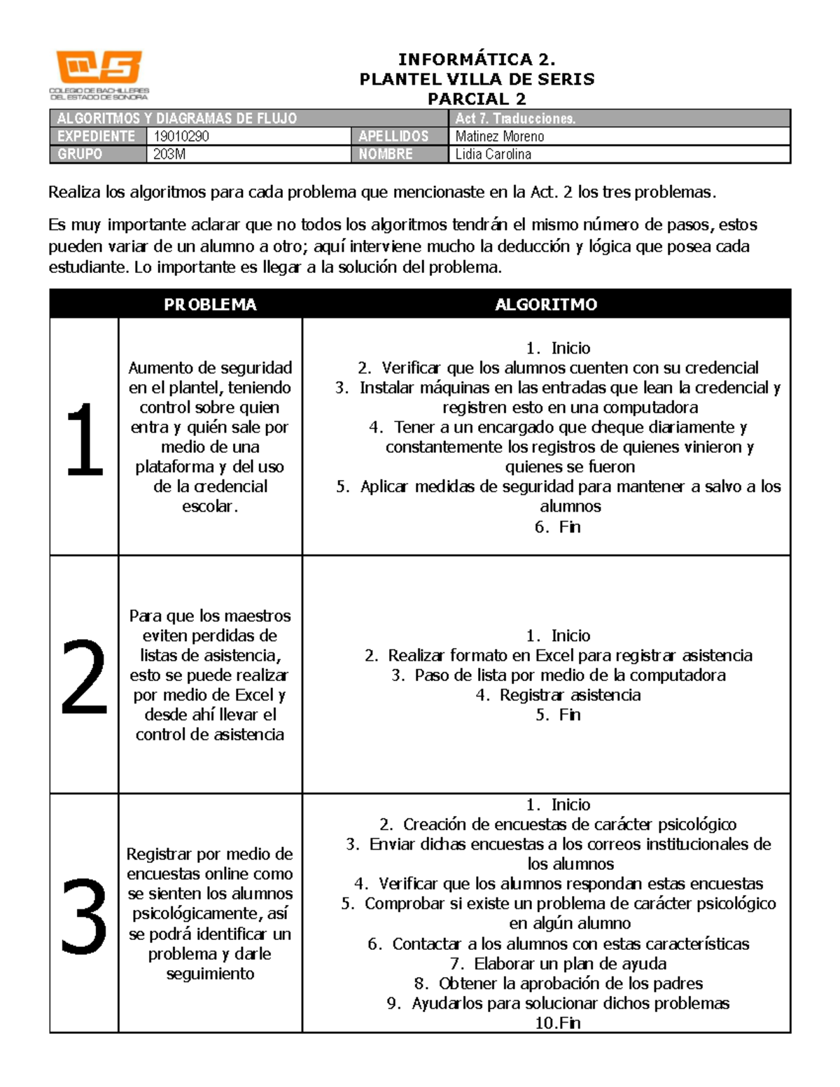 Act 7. Traducciones. - INFORM¡TICA 2. PLANTEL VILLA DE SERIS PARCIAL 2 ALGORITMOS Y DIAGRAMAS DE ...