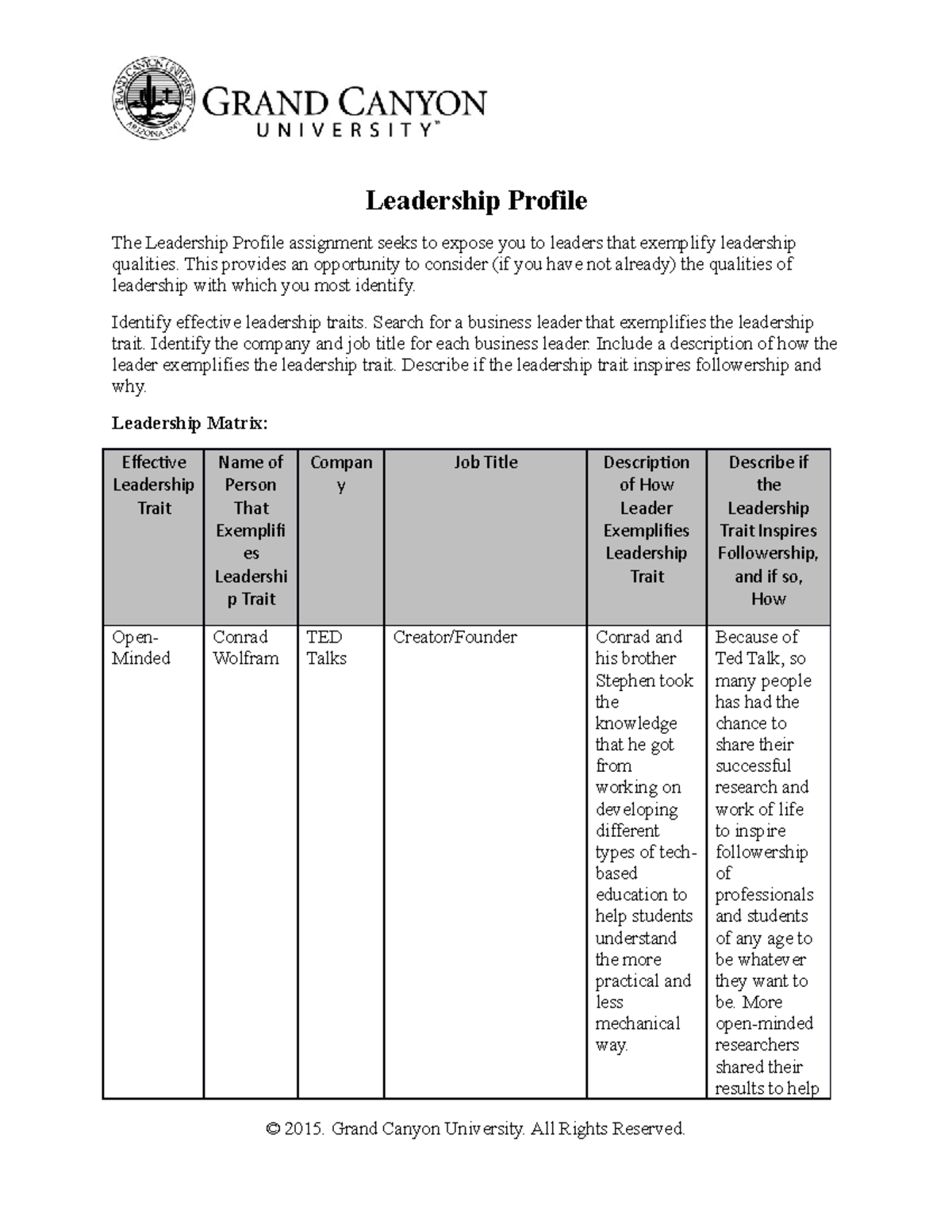 Leadership Profile - This provides an opportunity to consider (if you ...
