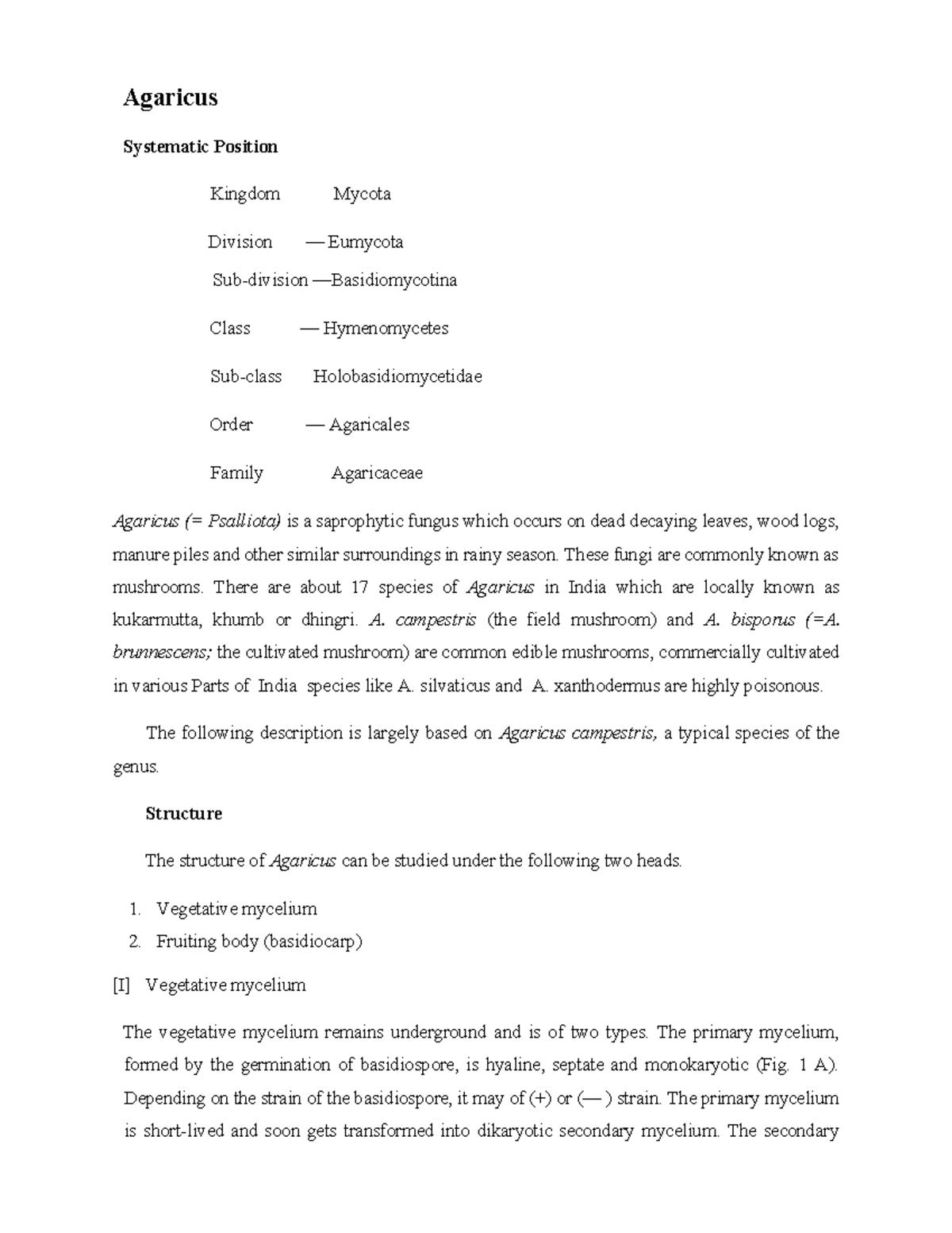 Botany IST SEM Part 2 - Agaricus Systematic Position Kingdom Mycota ...