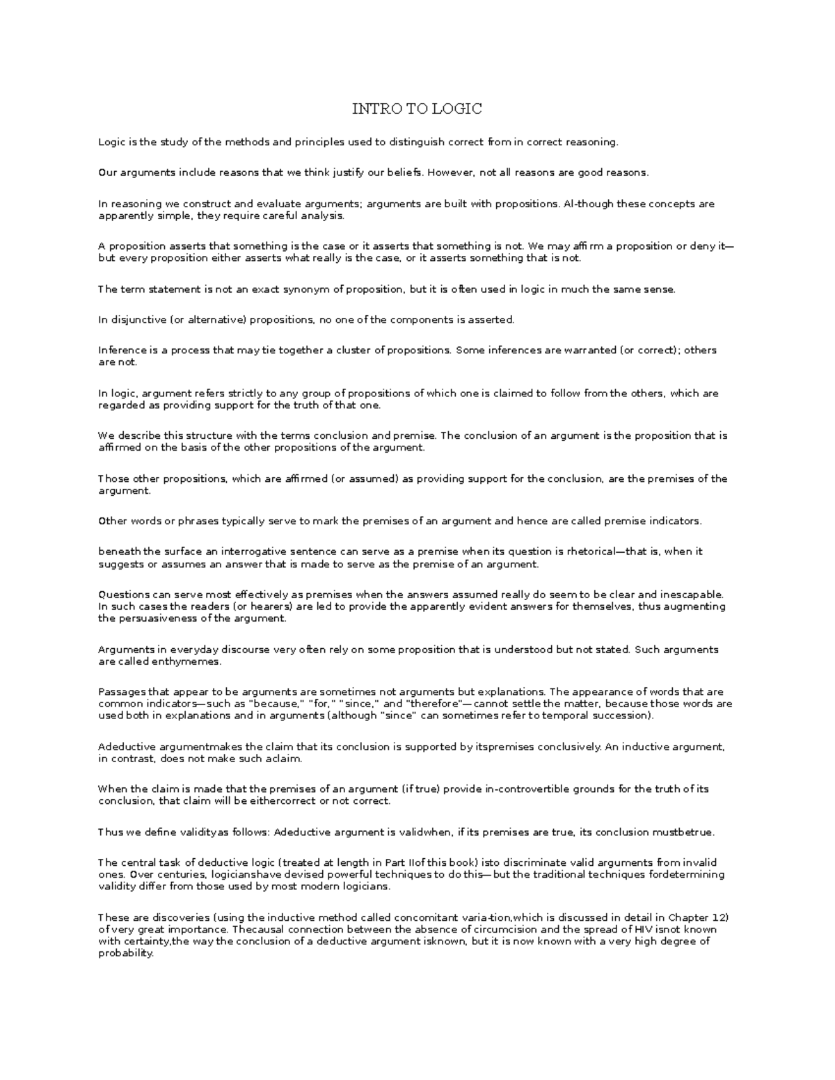 Intro TO Logic - Lecture notes 1 - INTRO TO LOGIC Logic is the study of ...