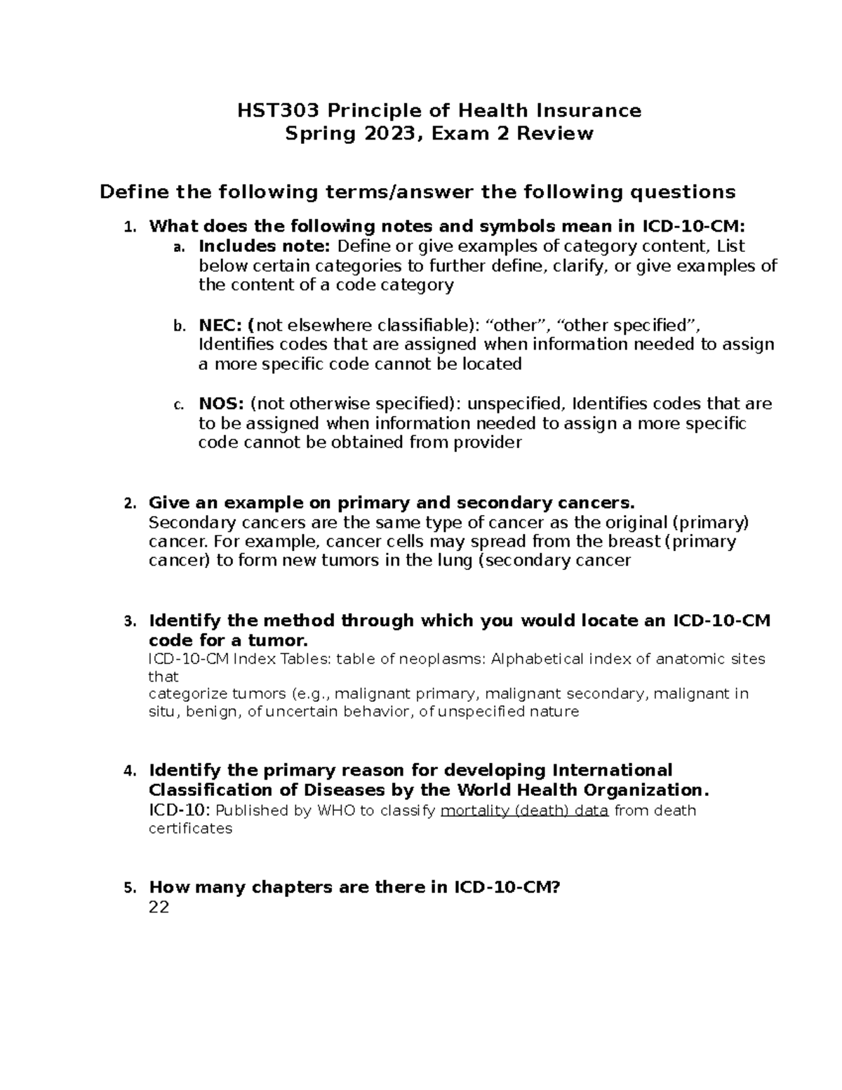 Exam 2 Review Spring 2023 - HST303 Principle of Health Insurance Spring ...