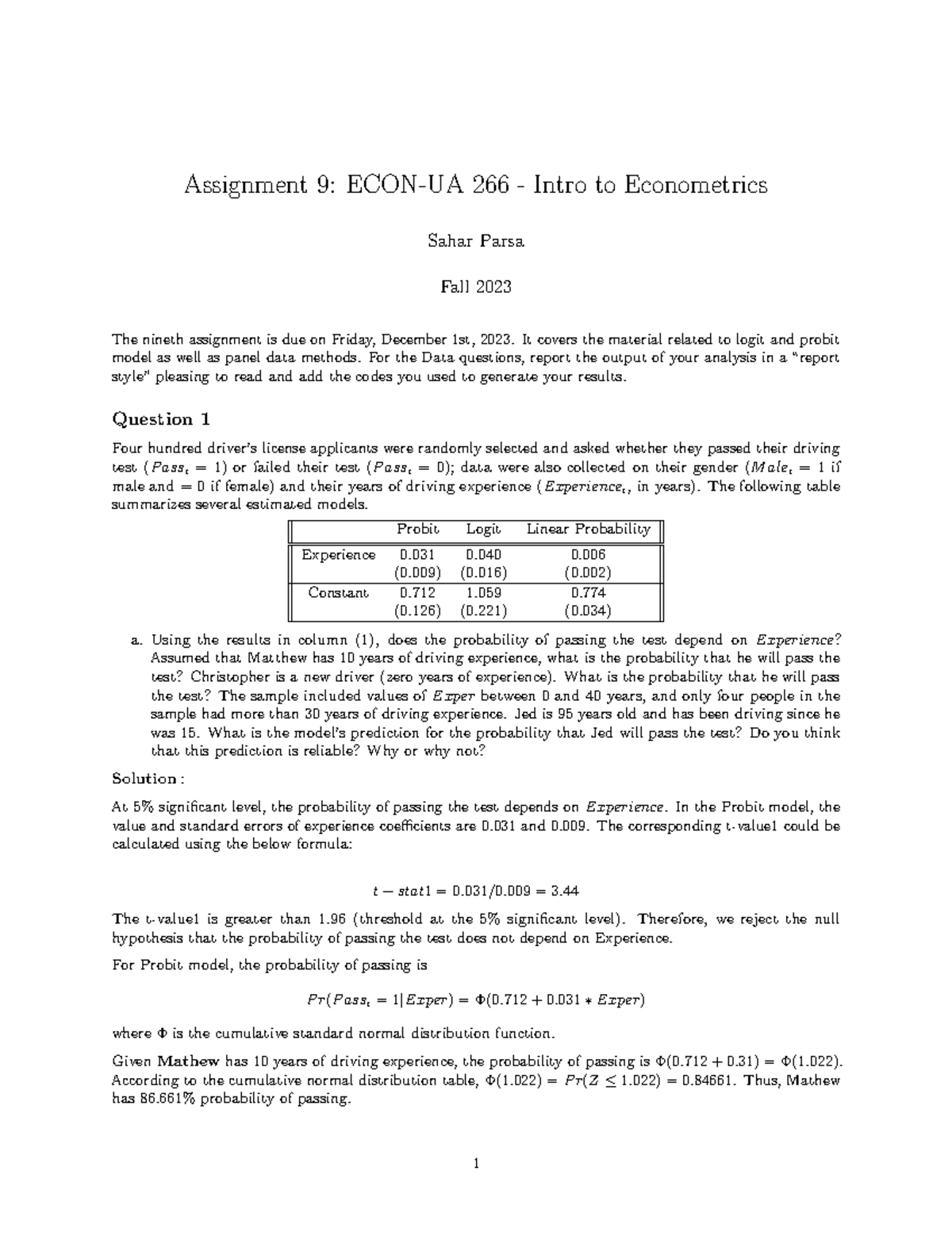 Assignment 9Sol - uber - Assignment 9: ECON-UA 266 - Intro to Econometrics Sahar Parsa Fall 2023 ...