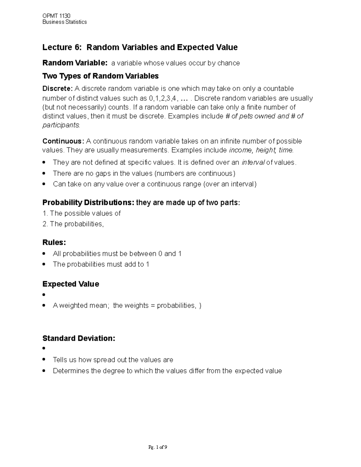 Lecture 6 Answer - note - Business Statistics Lecture 6: Random Variables and Expected Value ...